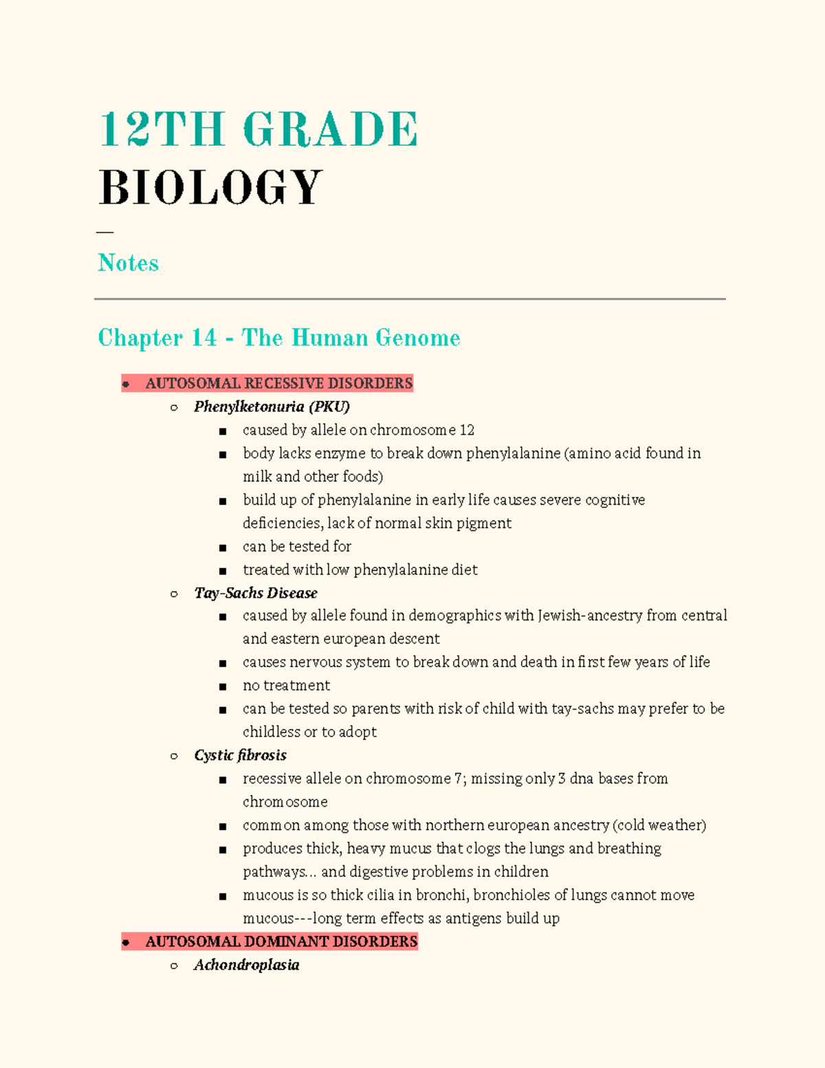 Class notes - Chapter 14 - The Human Genome disorders - 12TH GRADE ...