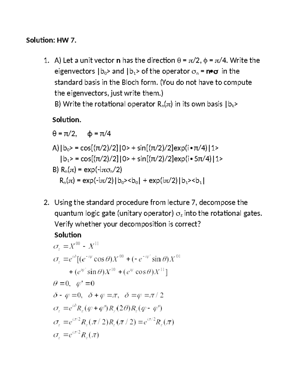 Solution-HW-7 - HW7 - Solution: HW 7. 1. A) Let a unit vector n has the direction = /2, = /4 ...