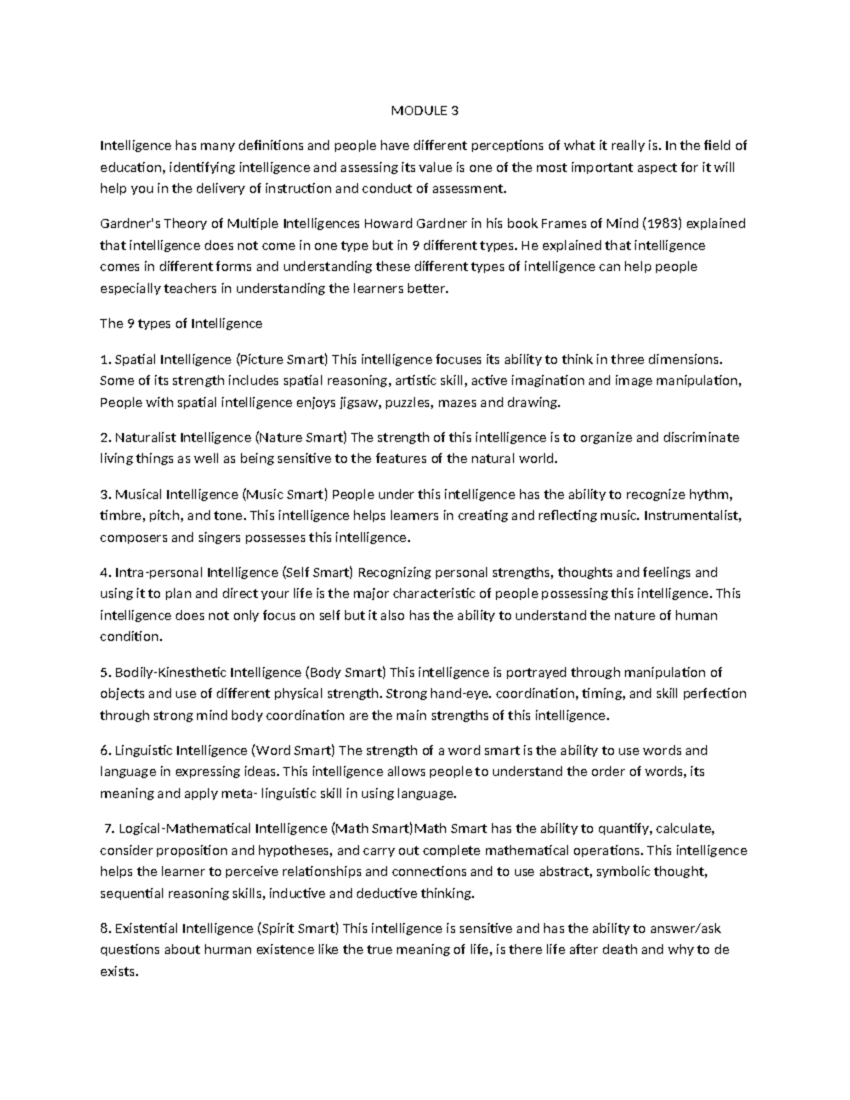 Module-3 - Notes - MODULE 3 Intelligence has many definitions and ...