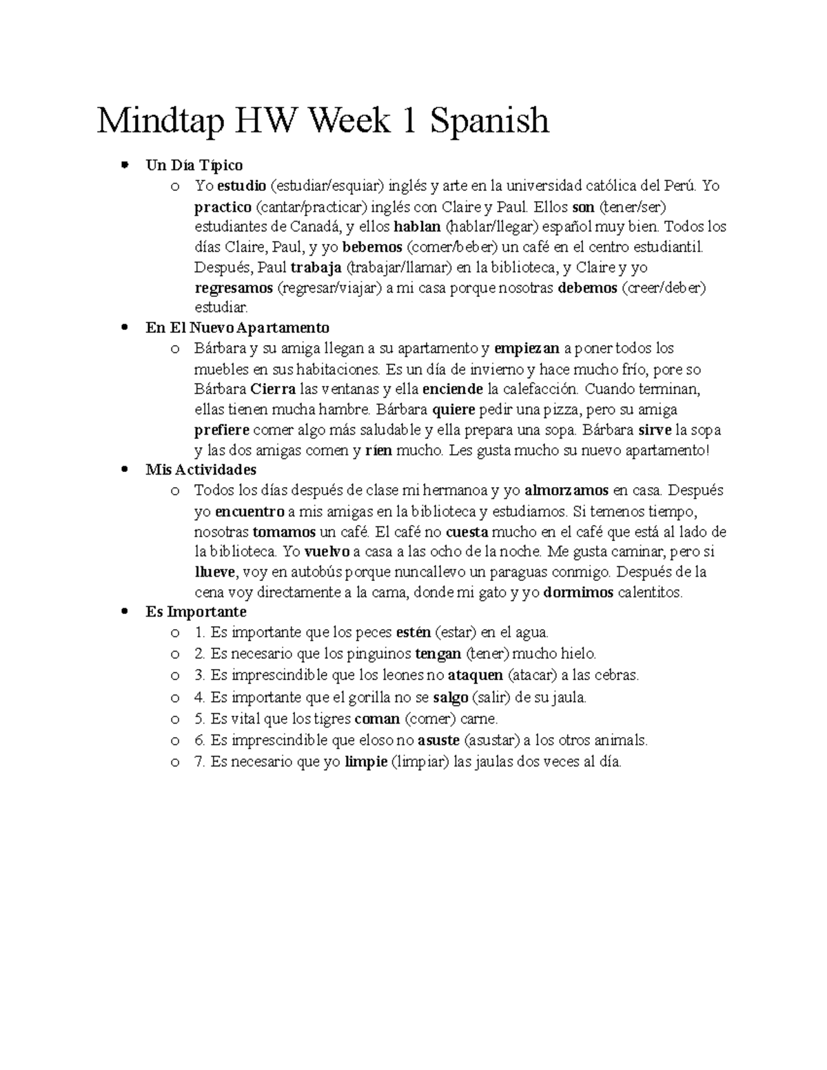 Mindtap HW Week 1 Spanish - Mindtap HW Week 1 Spanish Un Día Típico o Yo estudio - Studocu