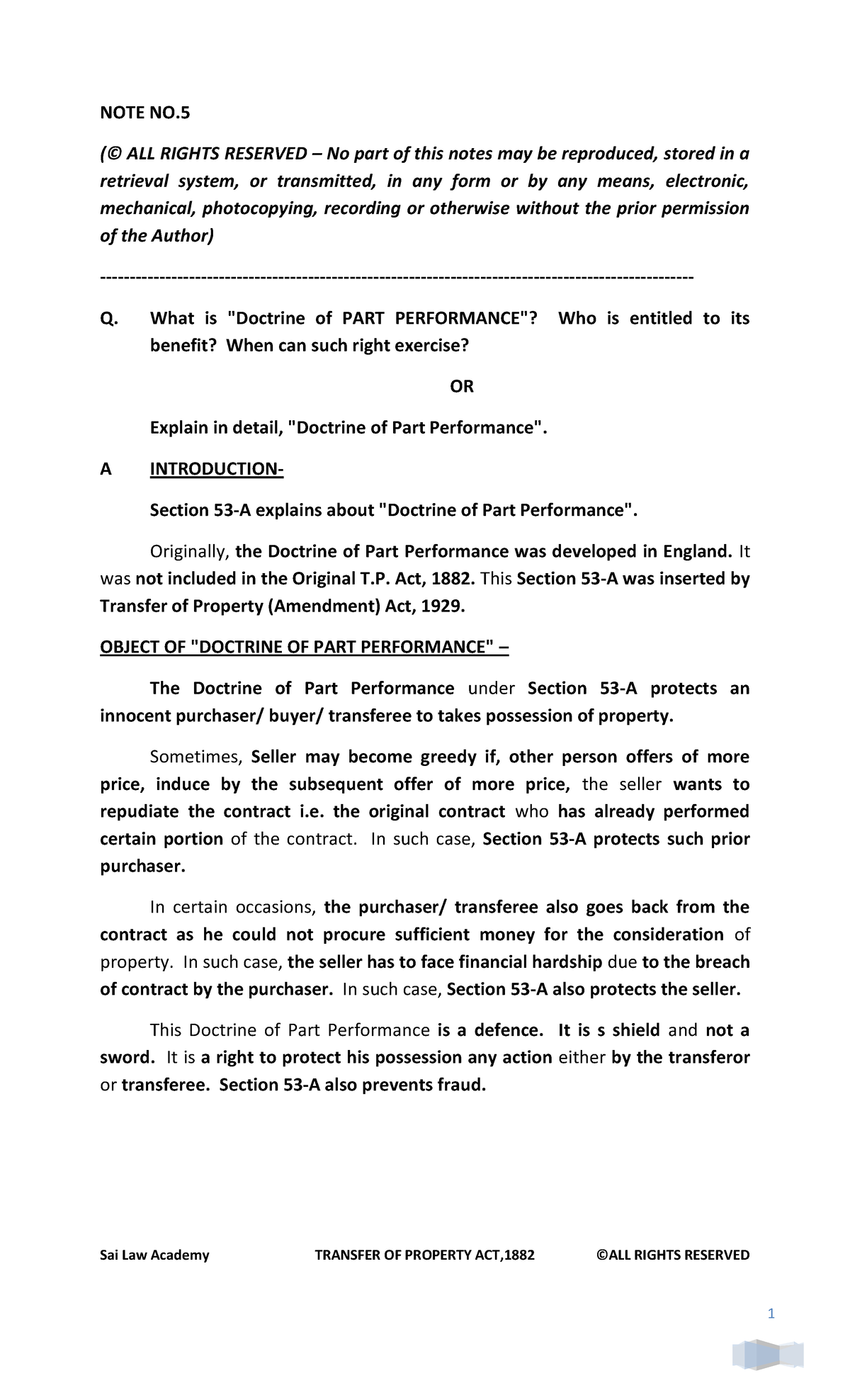 New TP Act 5 - Good one - Sai Law Academy TRANSFER OF PROPERTY ACT,1882 ©ALL RIGHTS RESERVED ...
