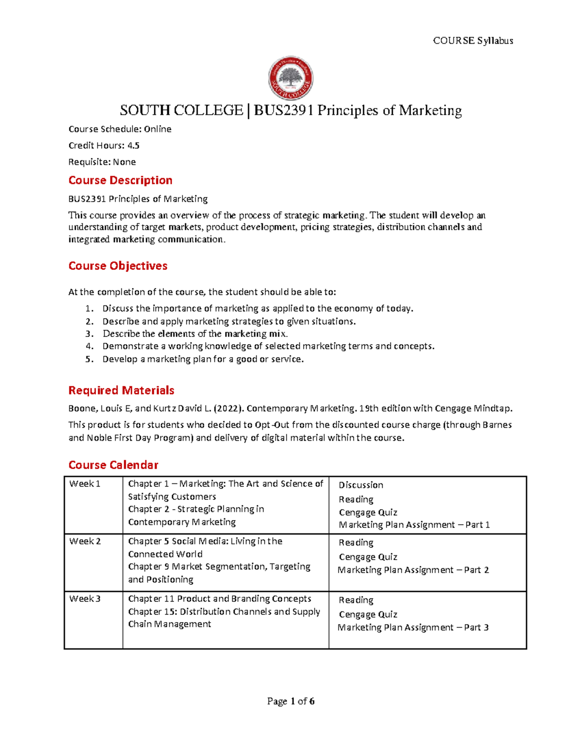 BUS2391 Principles of Marketing Syllabus - SOUTH COLLEGE | BUS2391 ...