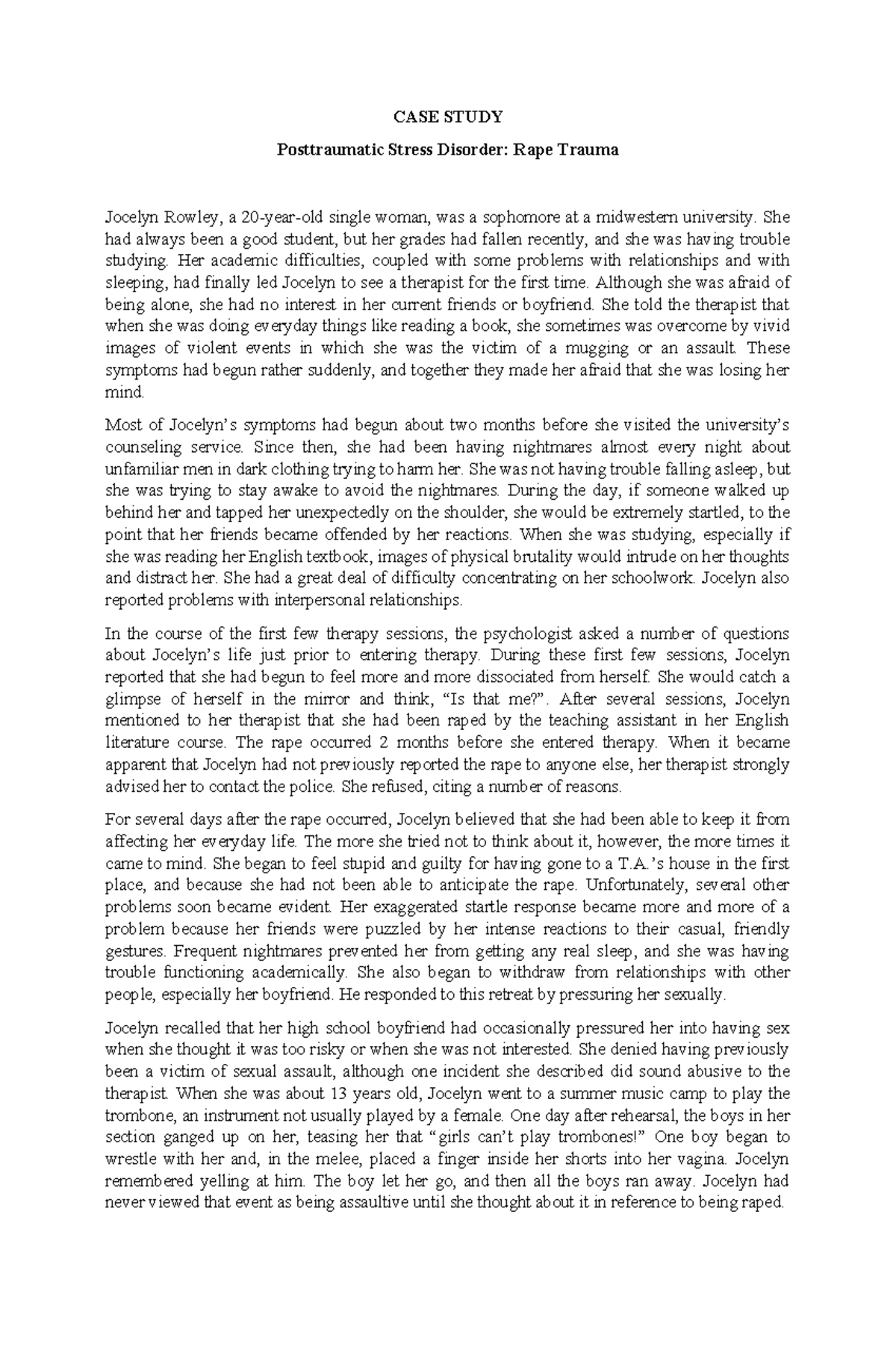 CASE Study PTSD - Summary Abnormal Psychology - CASE STUDY ...