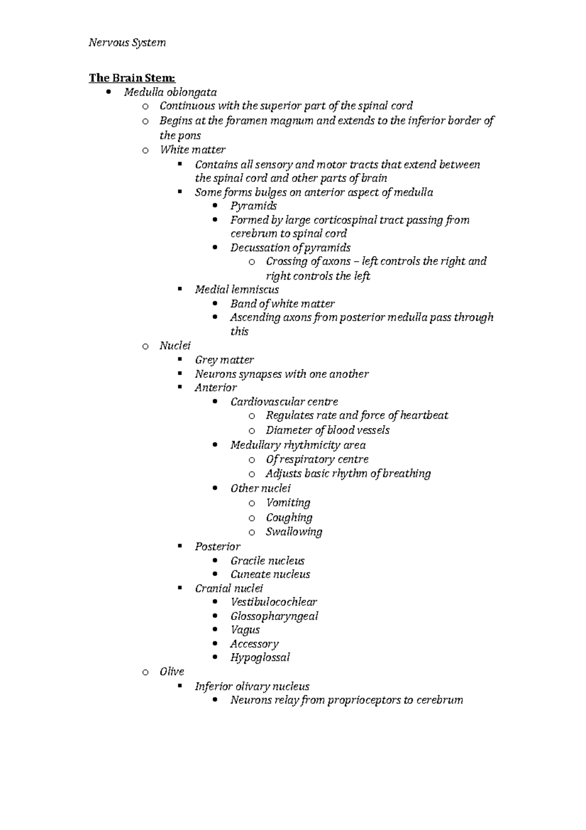 The Brain Stem Lecture Notes - Nervous System The Brain Stem: Medulla ...
