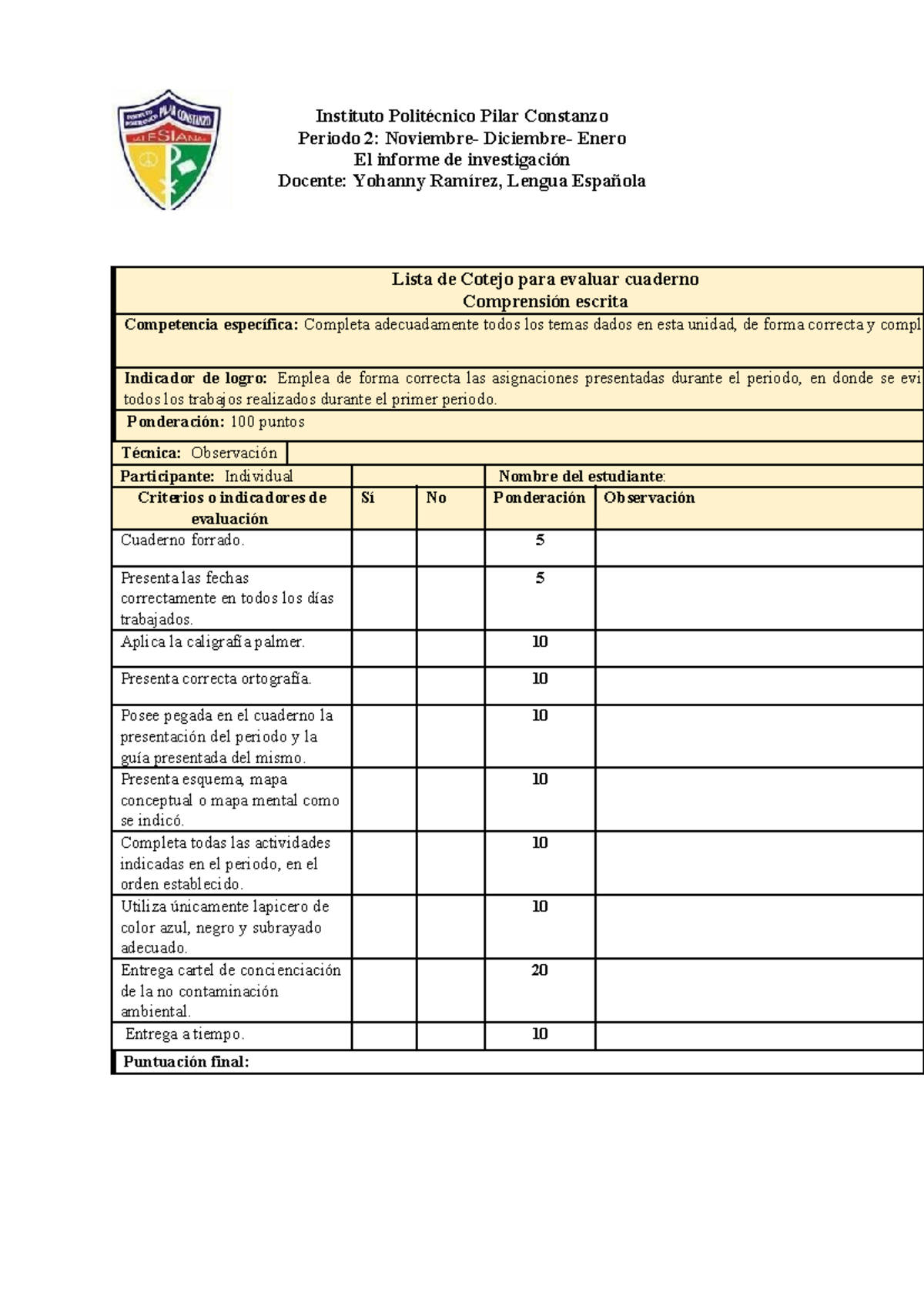 Lista de cotejo para evaluar Comprensión Escrita - Instituto ...