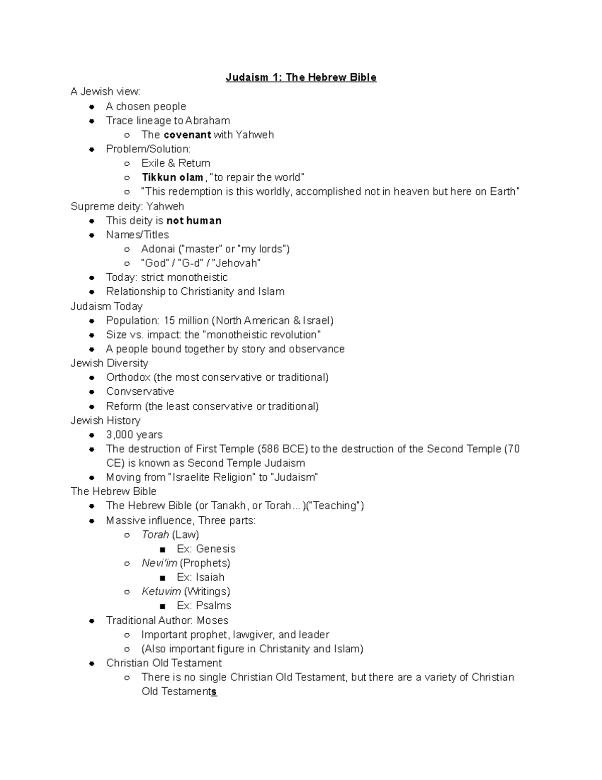Judaism Lecture Notes - Judaism 1: The Hebrew Bible A Jewish view: A ...