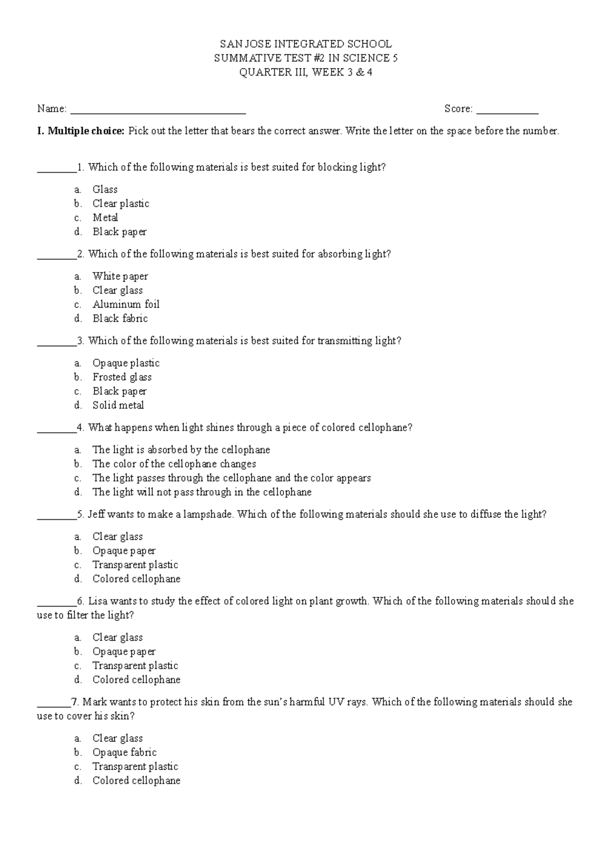 Grade 5 sum - reviewer - SAN JOSE INTEGRATED SCHOOL SUMMATIVE TEST #2 ...