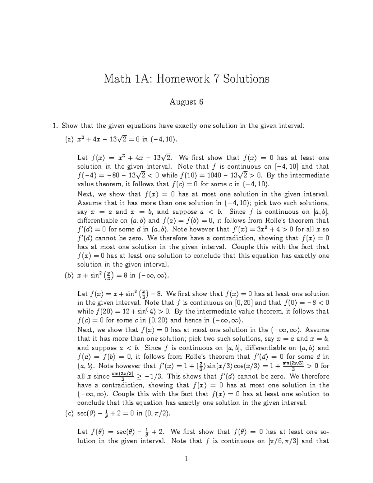 Homework 7 Solutions 021223 - Math 1A: Homework 7 Solutions August 6 Show that the given ...