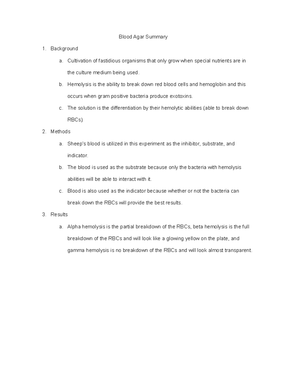 Blood Agar Summary - Blood Agar Summary Background a. Cultivation of ...