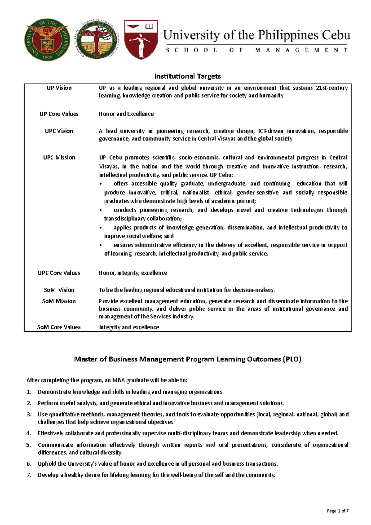 Syllabus of Management Science BA211 - Institutional Targets UP Vision ...