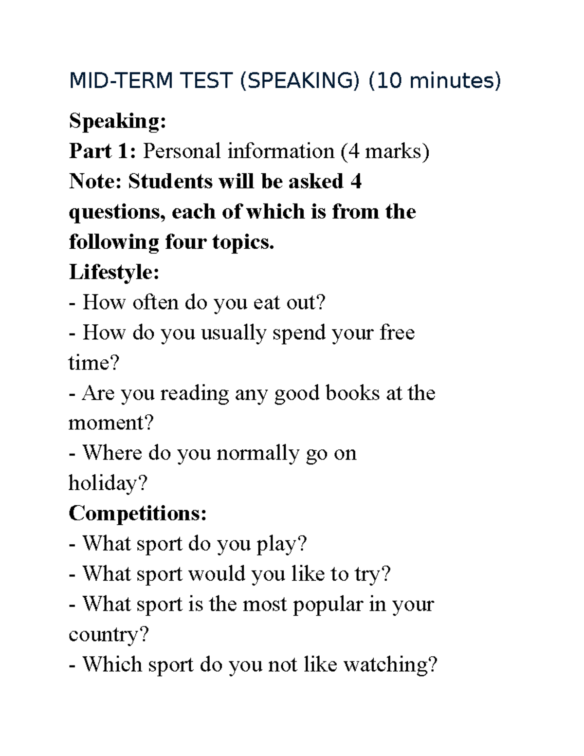 CÁCH RA ĐỀ THI GIỮA KỲ ( Speaking) - MID-TERM TEST (SPEAKING) (10 ...