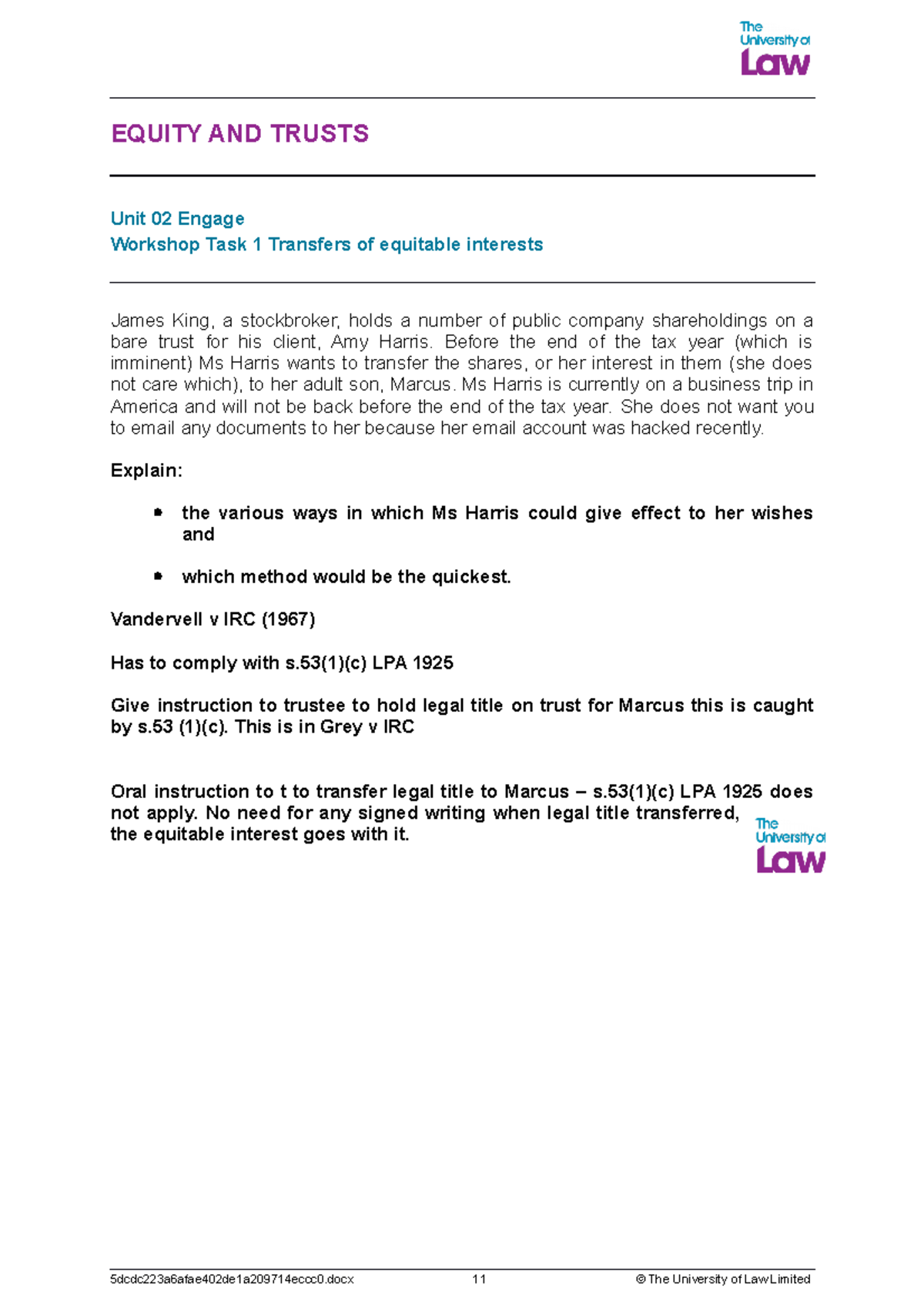 Equity and trust workshop 2 task 1 - EQUITY AND TRUSTS Unit 02 Engage Workshop Task 1 Transfers ...