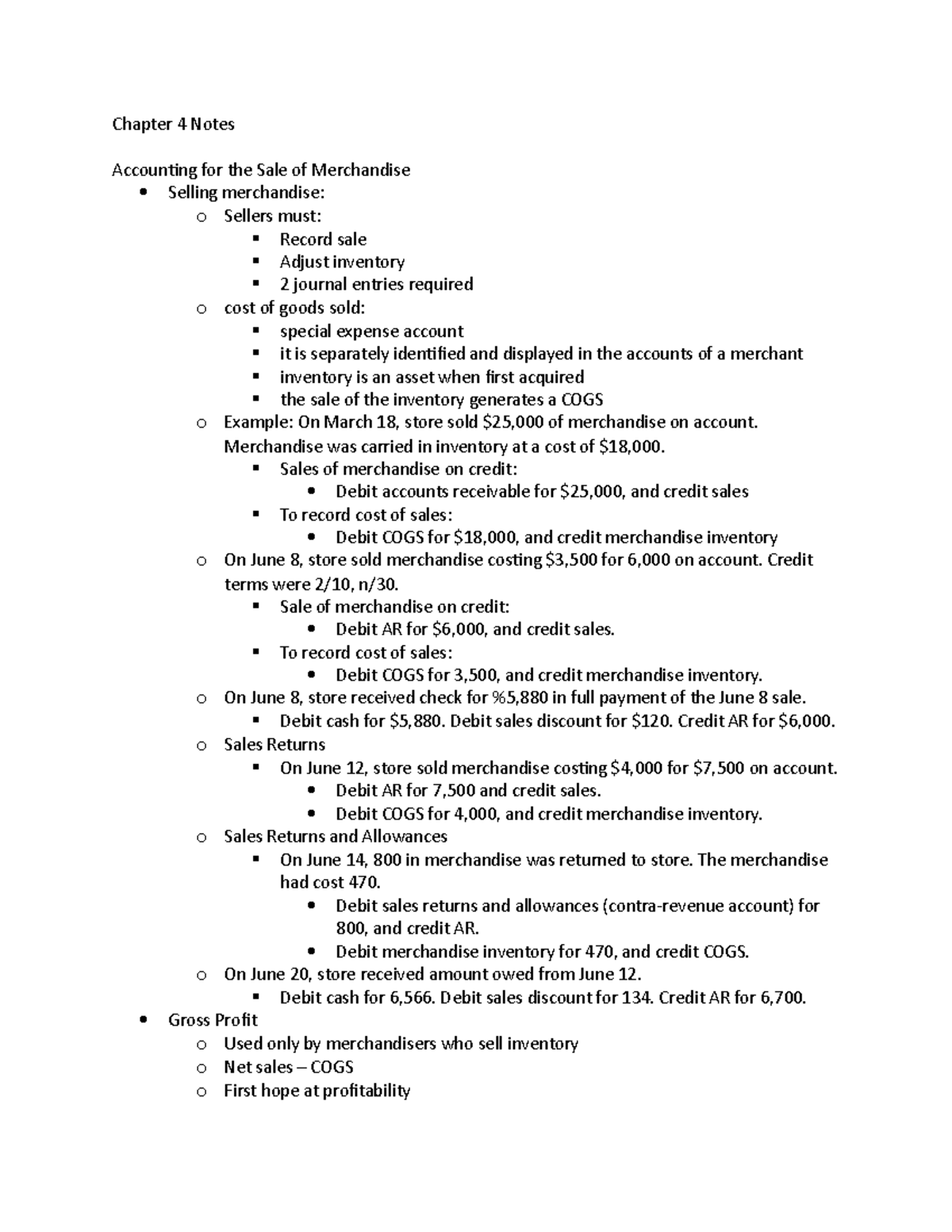 Chapter 4 Notes - Chapter 4 Notes Accounting for the Sale of ...