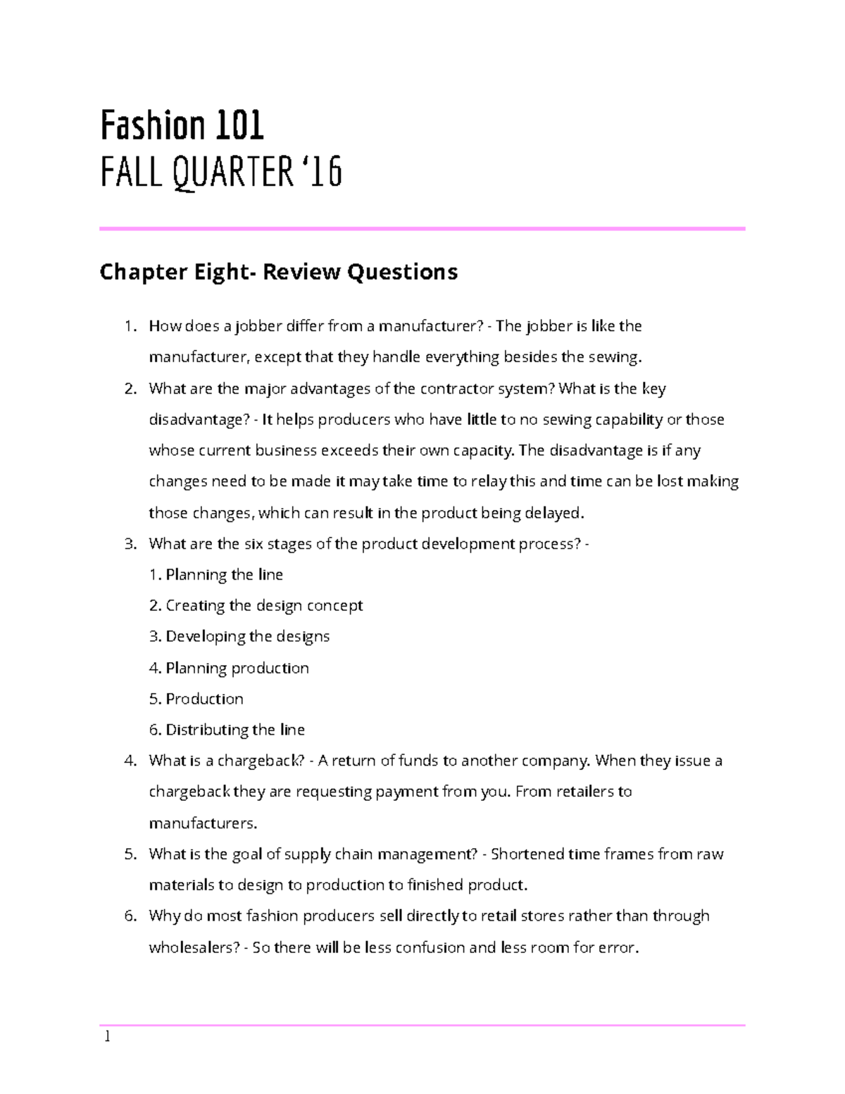 F8 RQ - Chapter 8 Review Questions/Answers - 1 Fashion 101 FALL QUARTER ...