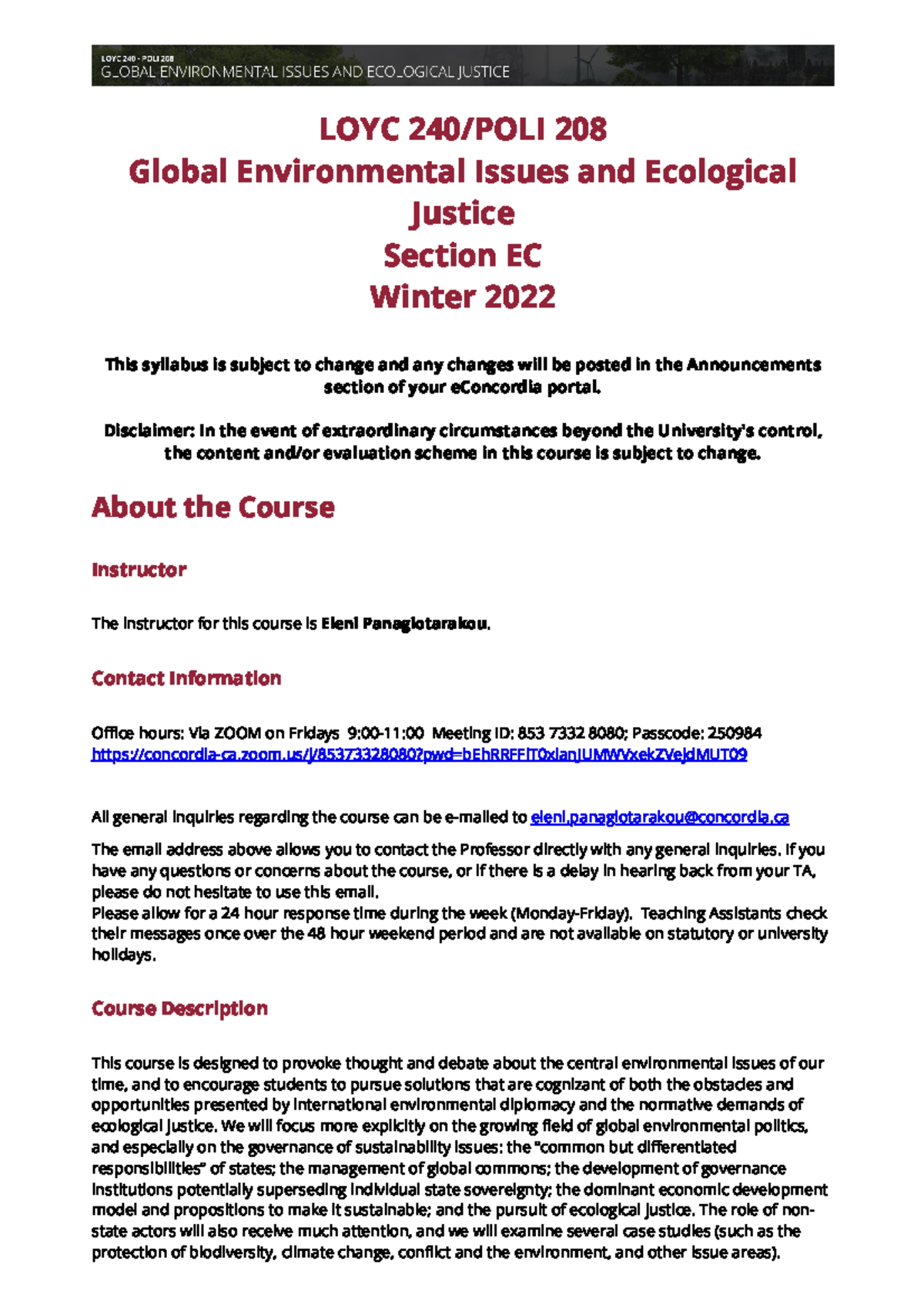 POLI 208 Course Outline - LOYC 240/POLI 208 Global Environmental Issues ...