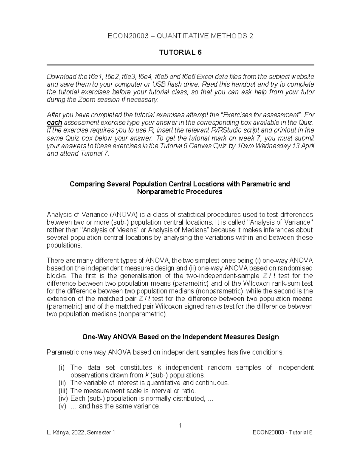 Quantitative Method 2 Tutorial 6 (questions + guide ) - 1 ECON20003 – QUANTITATIVE METHODS 2 ...
