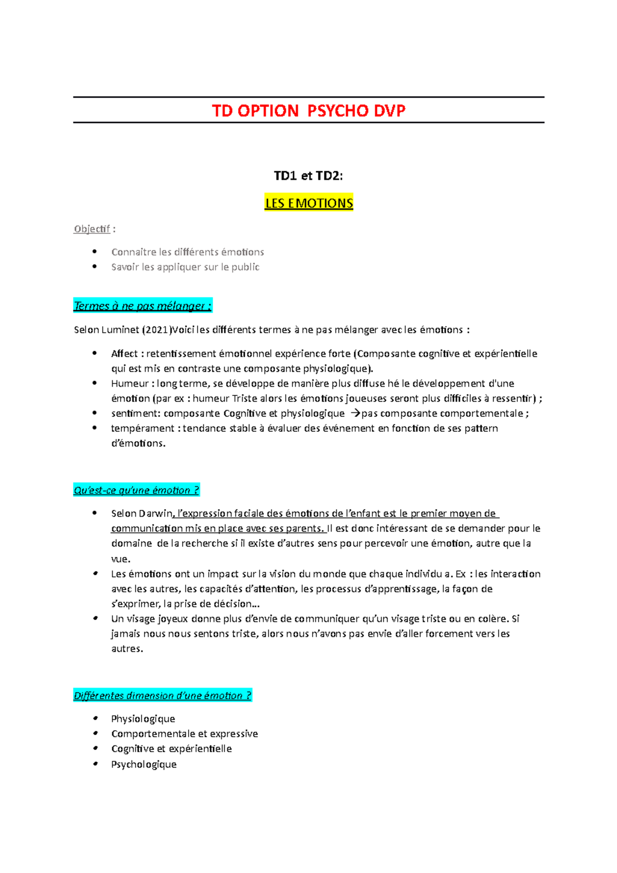L2 option psychologie du développement - TD OPTION PSYCHO DVP TD1 et TD2: LES EMOTIONS Objectif ...