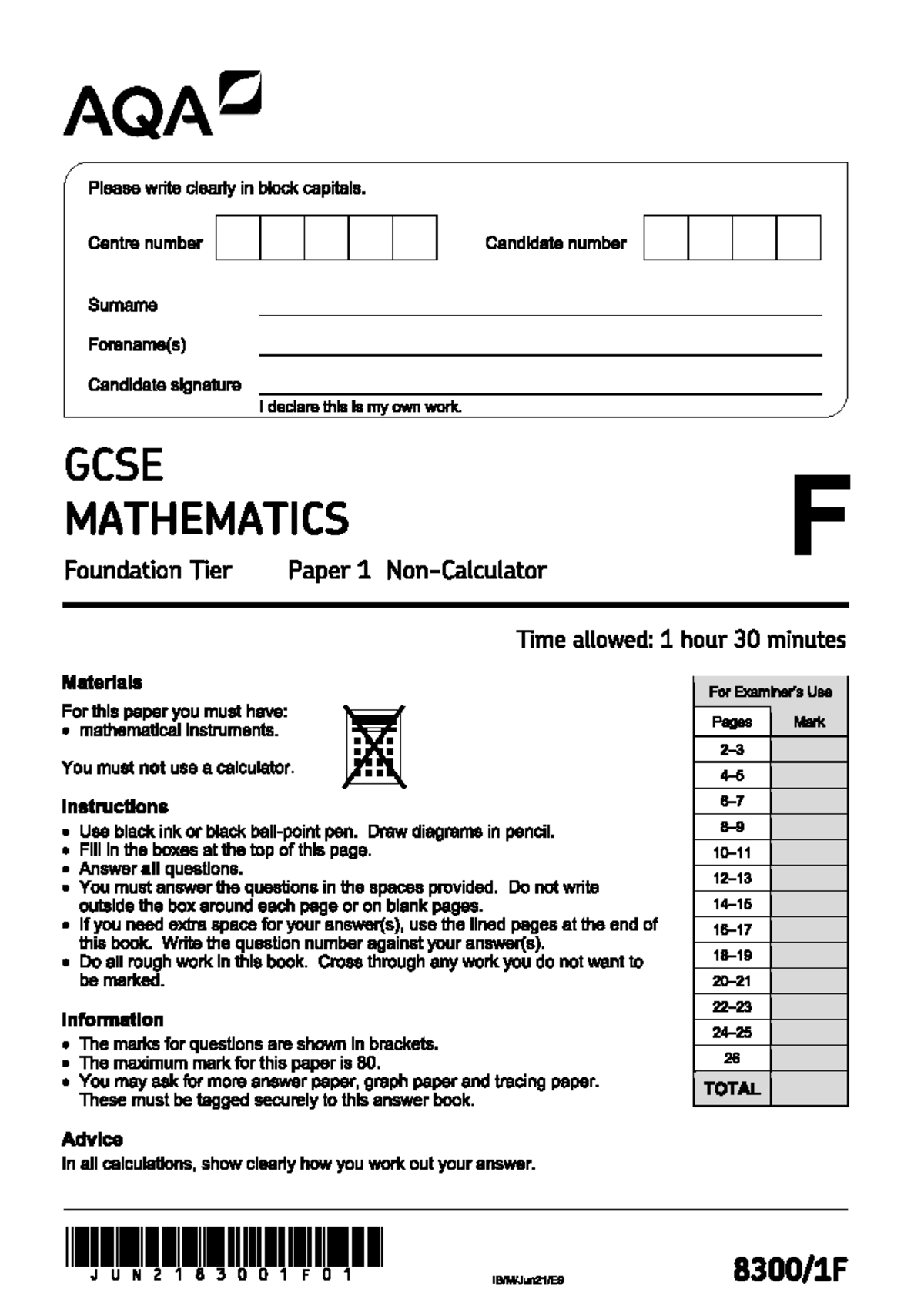 Maths GCSE - AQA Please write clearly in block capitals. Centre number ...
