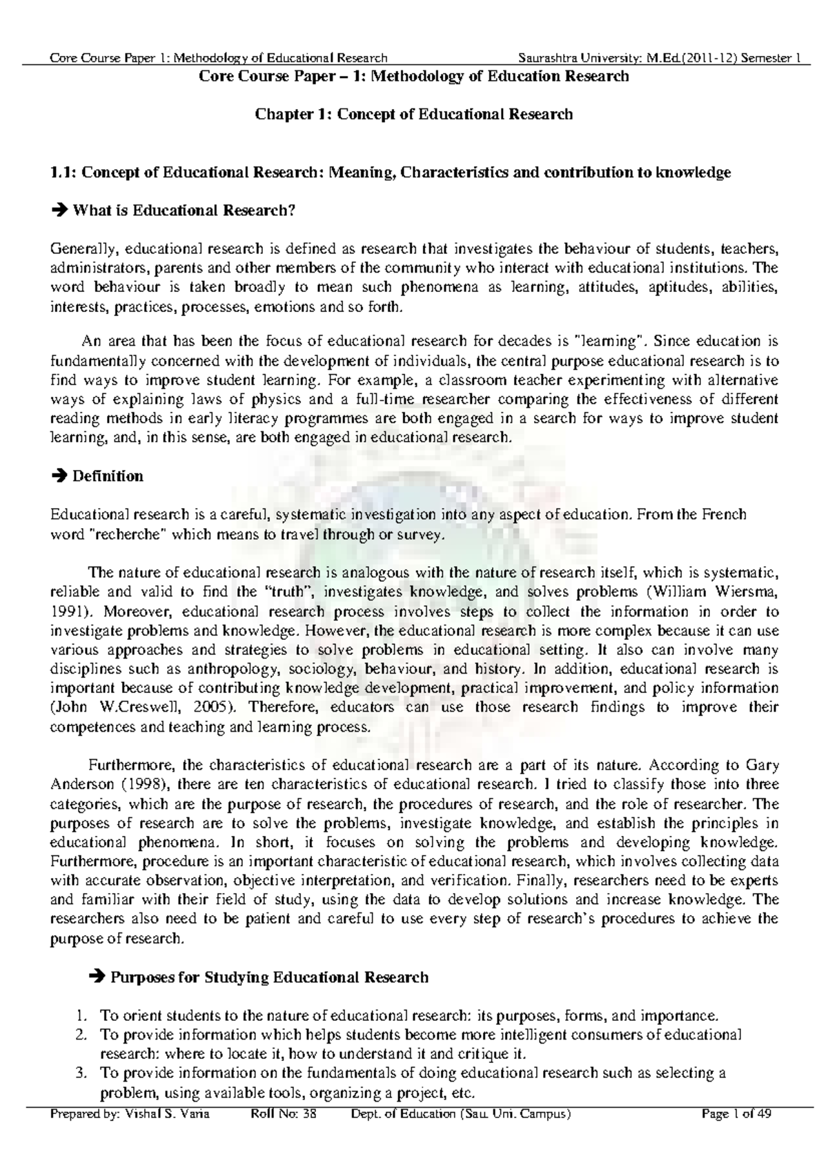 Notes on Educational Research - Core Course Paper – 1: Methodology of ...