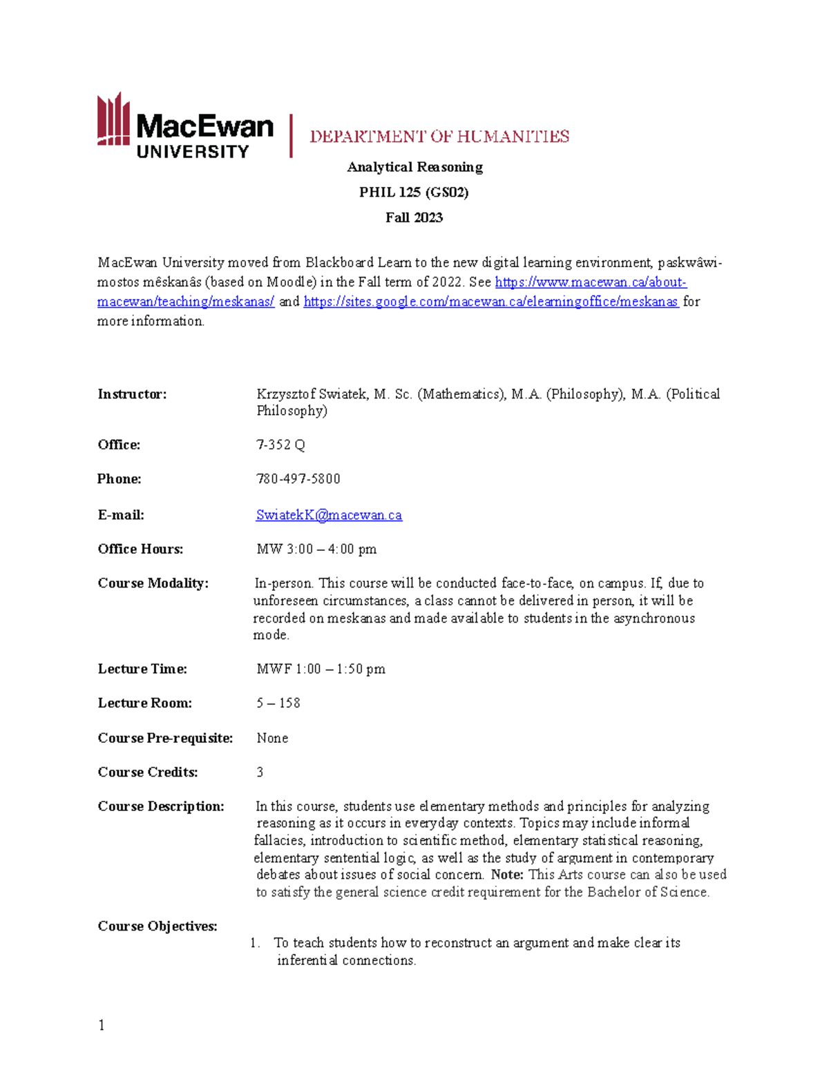 PHIL 125 GS02 Swiatek 2239 - Analytical Reasoning PHIL 125 (GS02) Fall ...