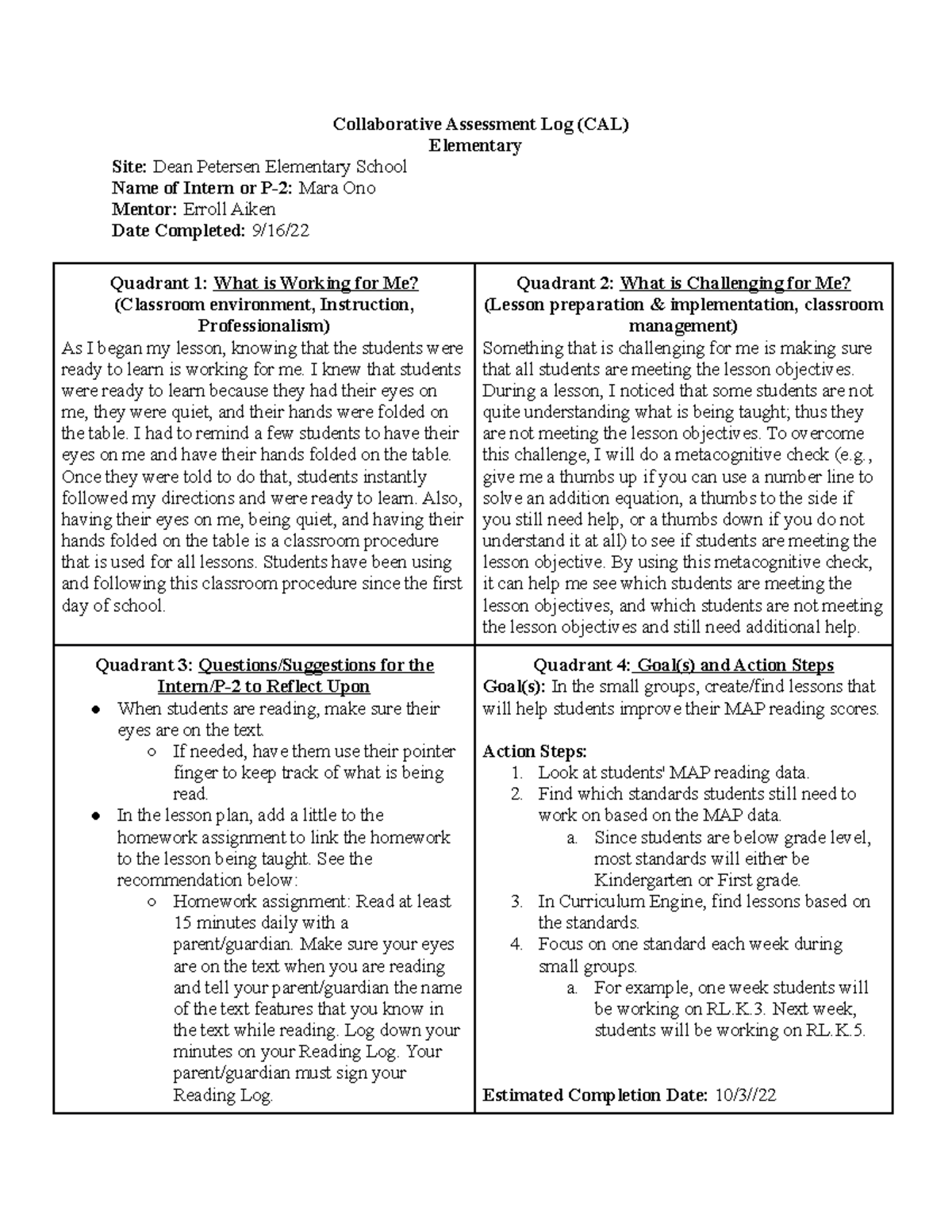 CAL #2 (Lesson 2) - Collaborative Assessment Log (CAL) Elementary Site ...