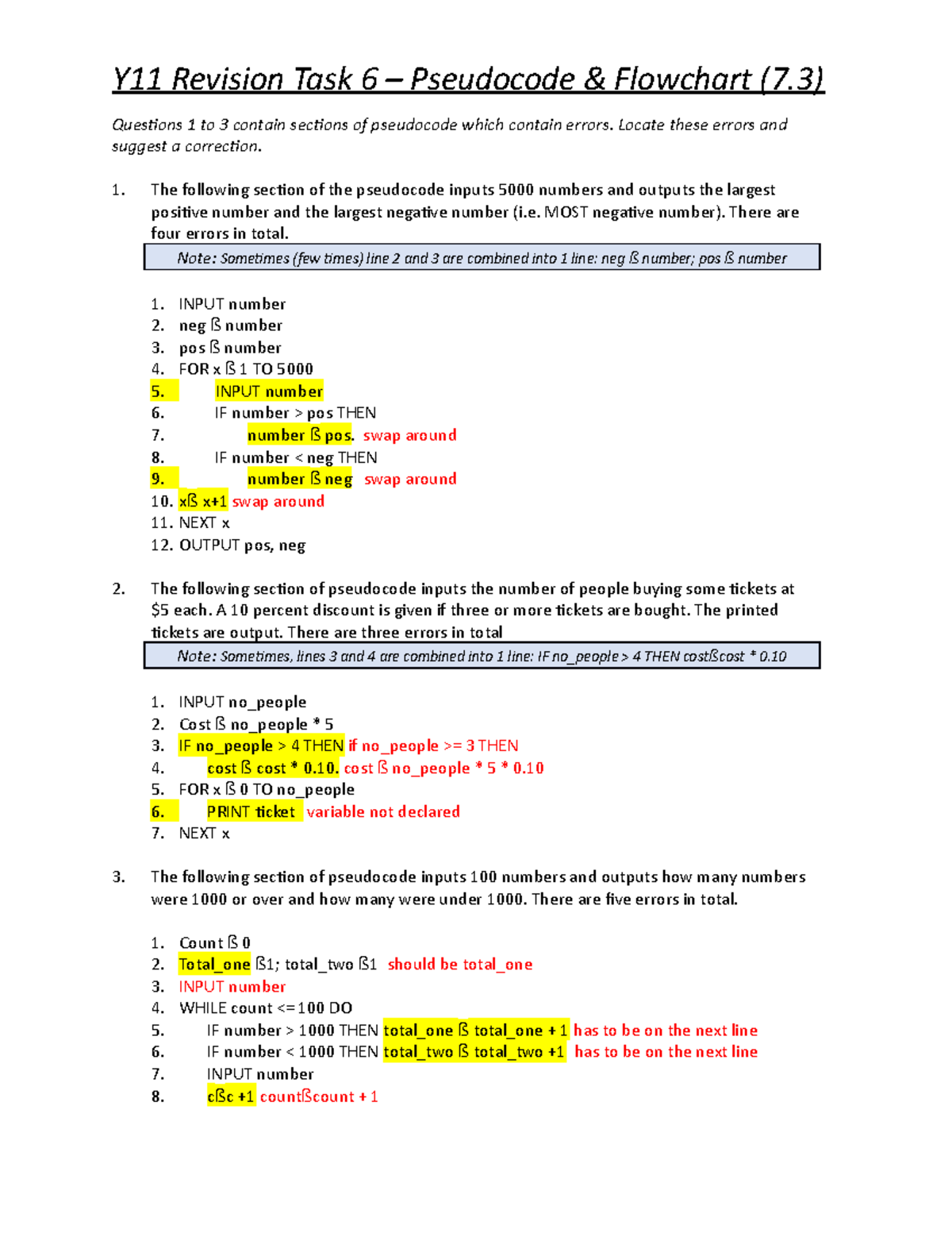 Pseudocode - this is - Questions 1 to 3 contain sections of pseudocode which contain errors ...