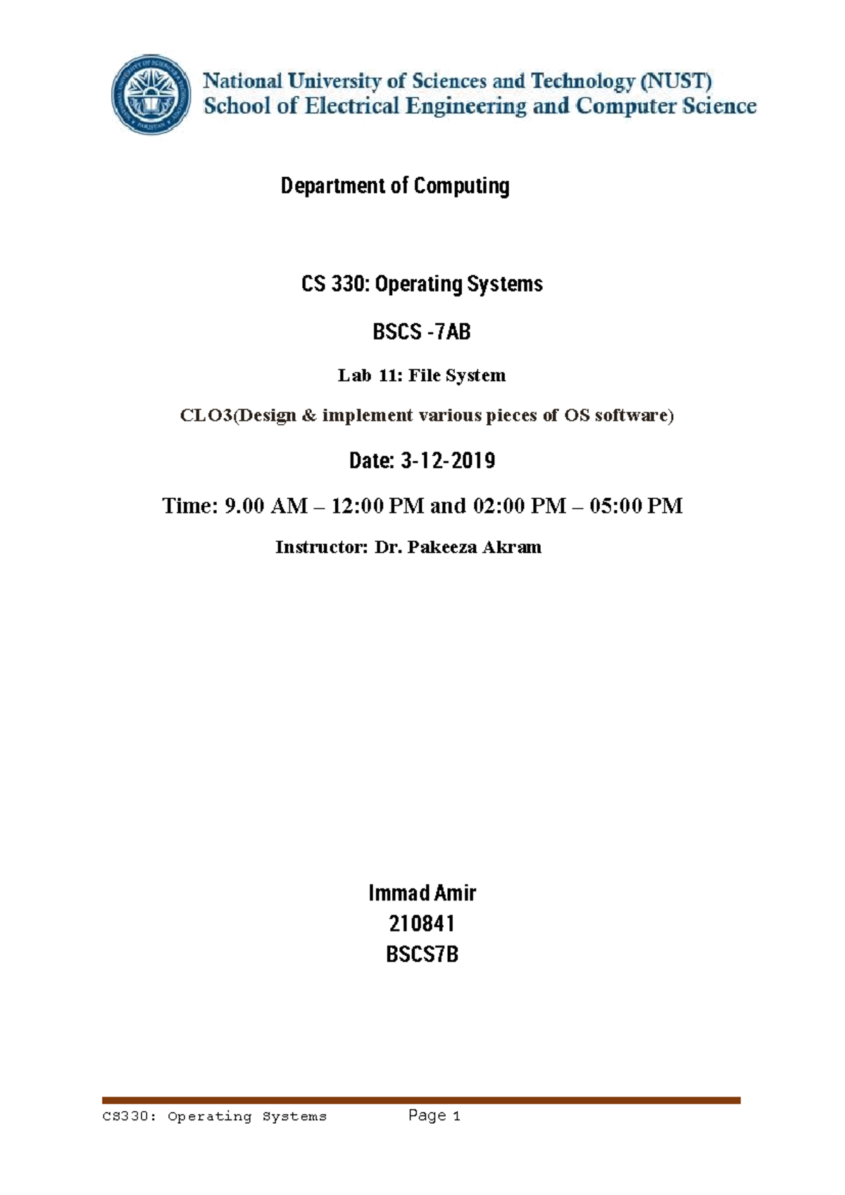 OS Lab 11 Immad - Department of Computing CS 330: Operating Systems BSCS -7AB Lab 11: File ...