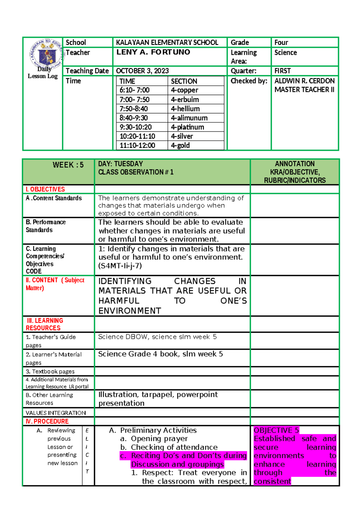Classroom Observation #1 2023-2024 - Daily Lesson Log School KALAYAAN ...