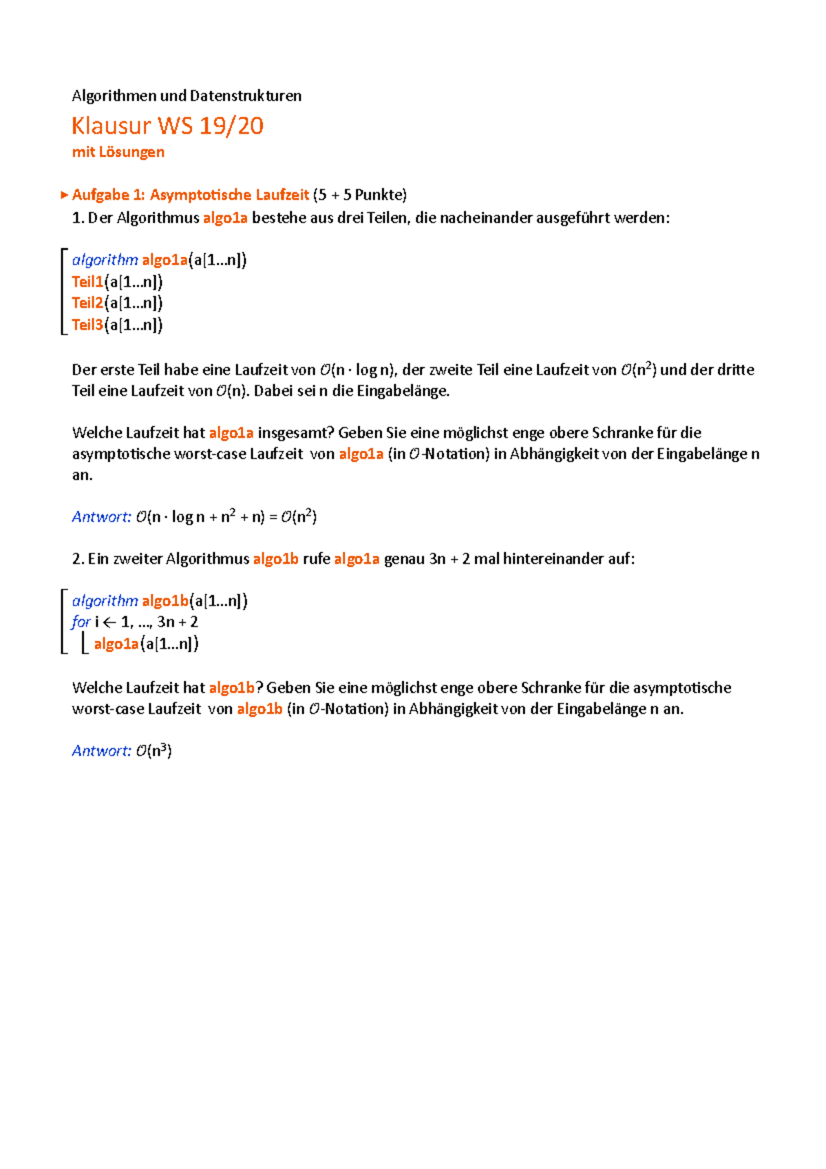 Klausur, Antworten - Warning: TT: undefined function: 32 Algorithmen und Datenstrukturen Klausur ...