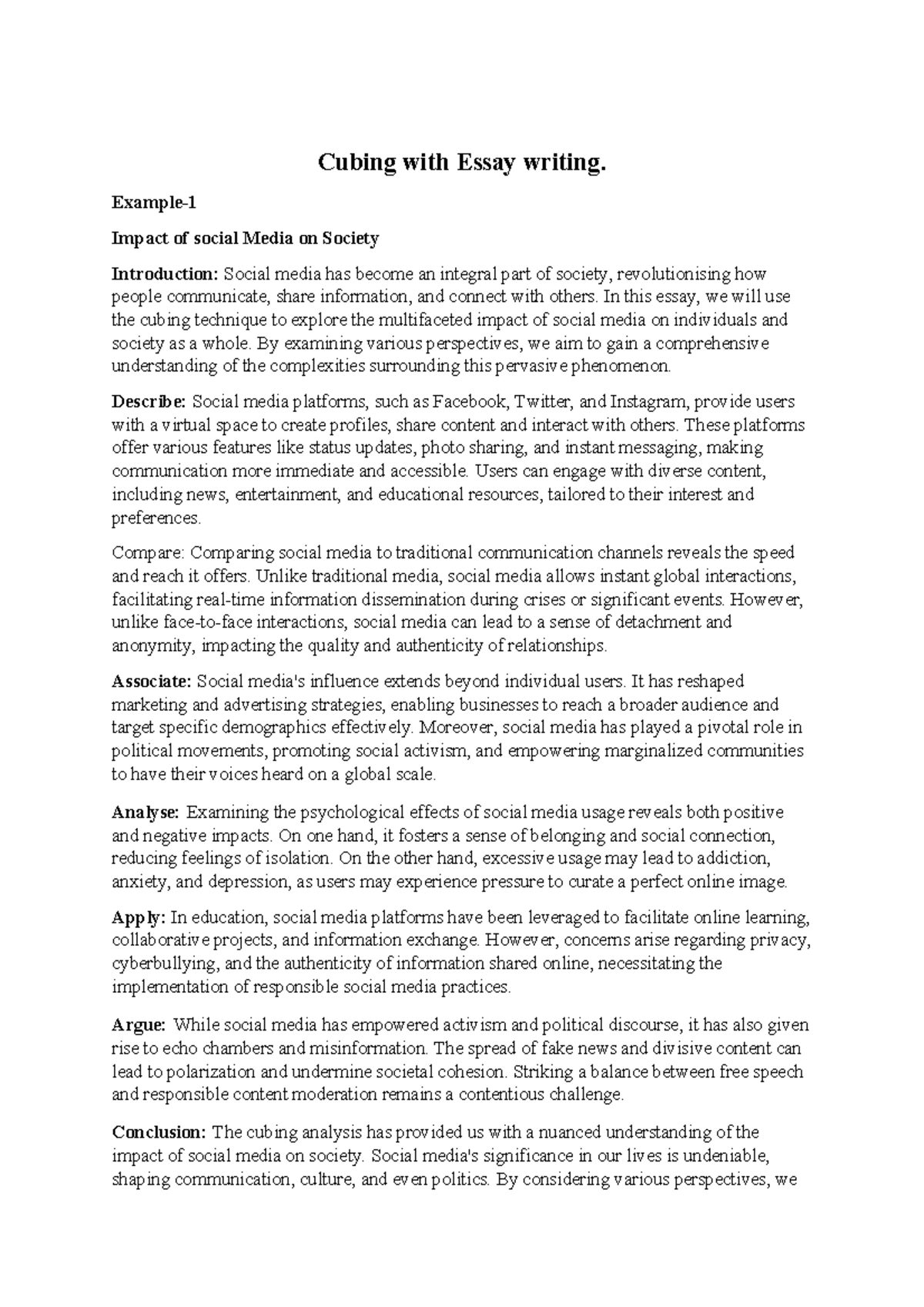 Cubing with essay - Example- Impact of social Media on Society ...