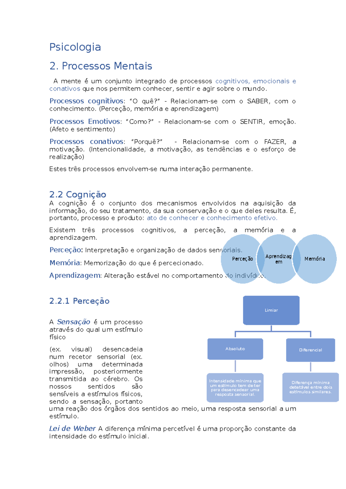 Resumo psicologia - Psicologia 2. Processos Mentais A mente é um conjunto integrado de processos ...