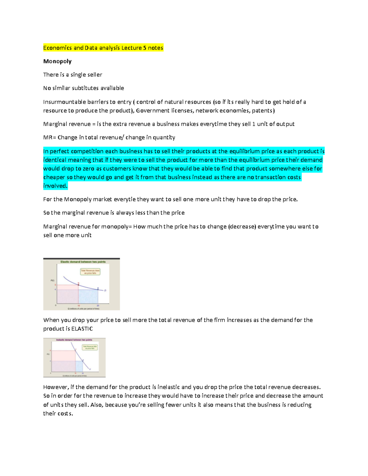 Economics and Data analysis Lecture 5 notes - For the Monopoly market ...