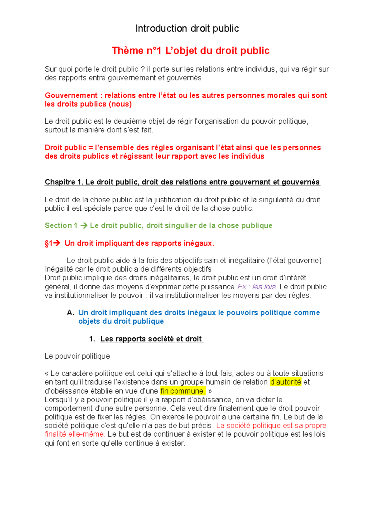 Theme 1 + Chapitre 1 - voici le cour pour l'introduction au droit public - Thème n°1 L’objet du ...