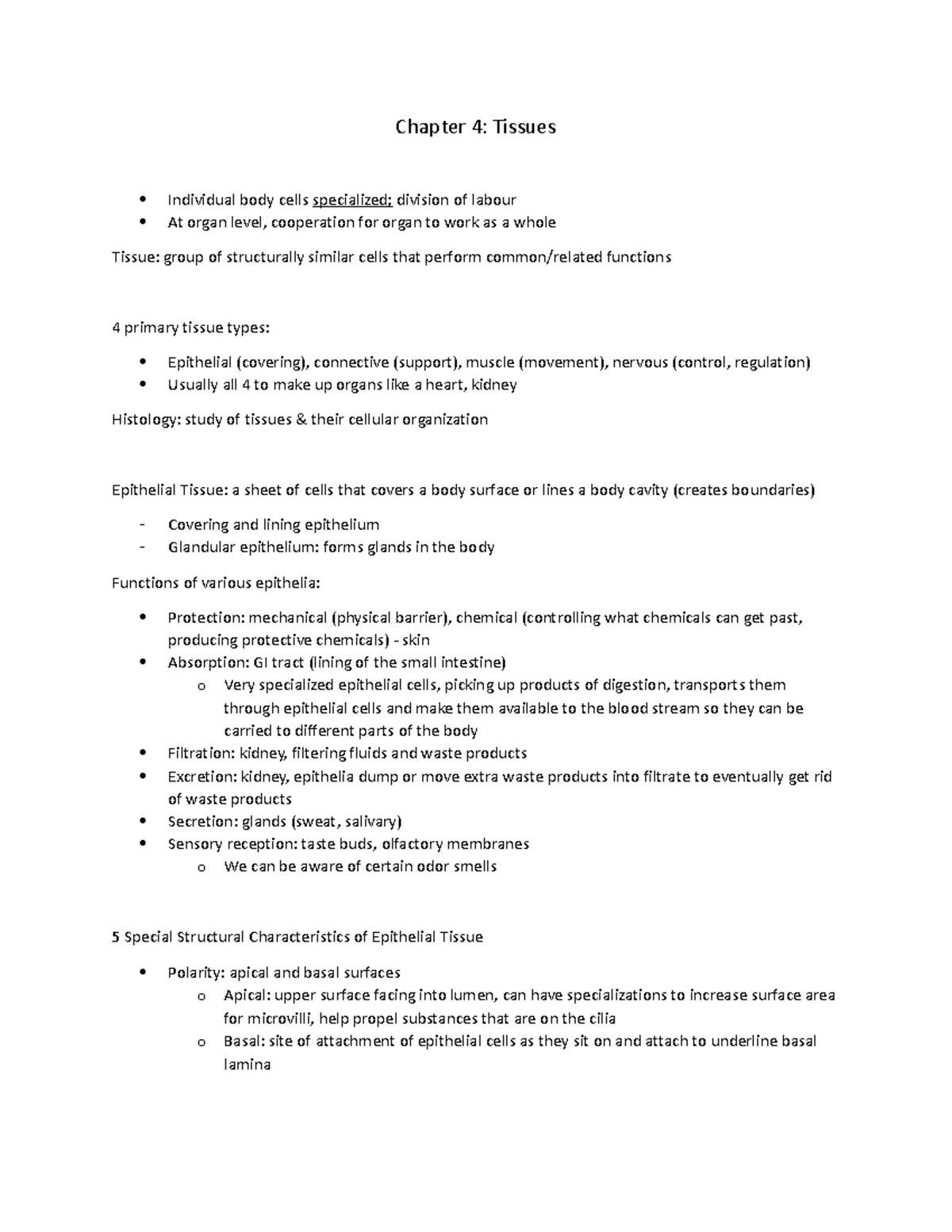 Chapter 4 Tissues - Lecture notes - Chapter 4: Tissues Individual body ...