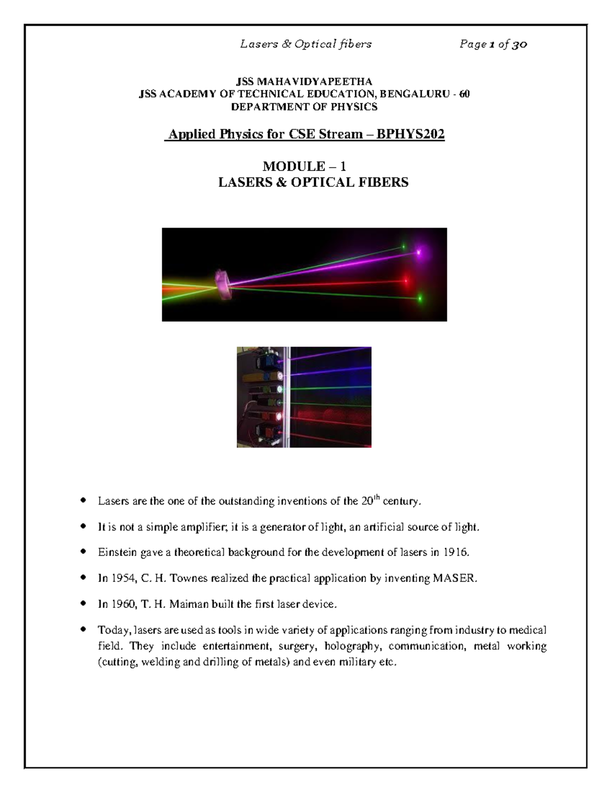 Module 1 - Lasers and Optical Fibers - ####### JSS MAHAVIDYAPEETHA ####### JSS ACADEMY OF ...