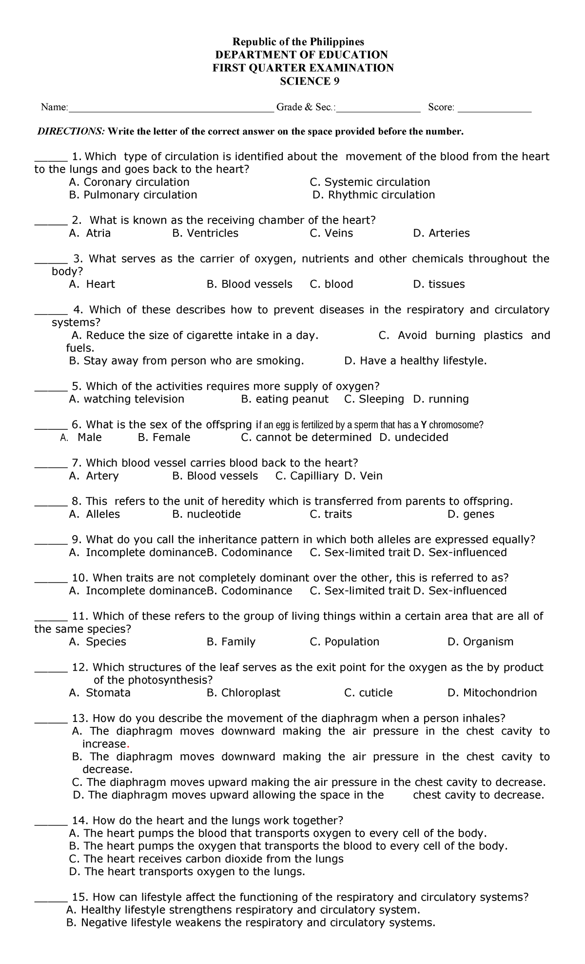 G-9 Science diagnostic test - Republic of the Philippines DEPARTMENT OF ...