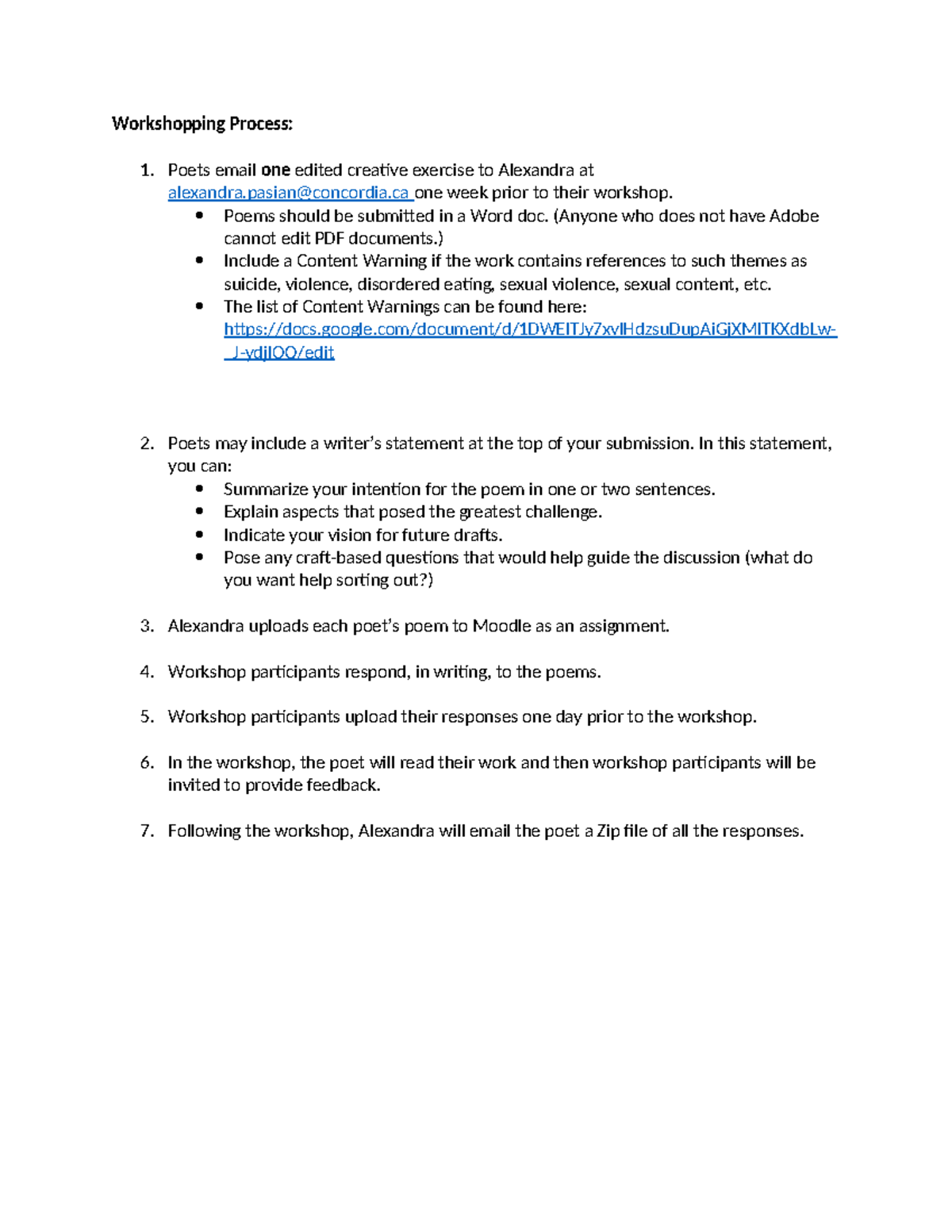 Workshopping Process - wfewef - Workshopping Process: 1. Poets email ...