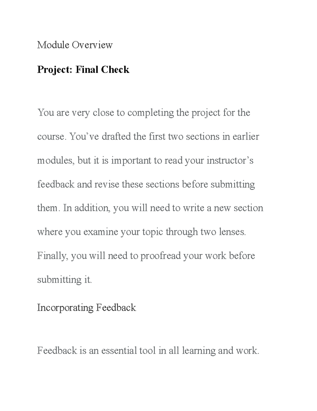 Project Final Check - Module Overview Project: Final Check You are very ...