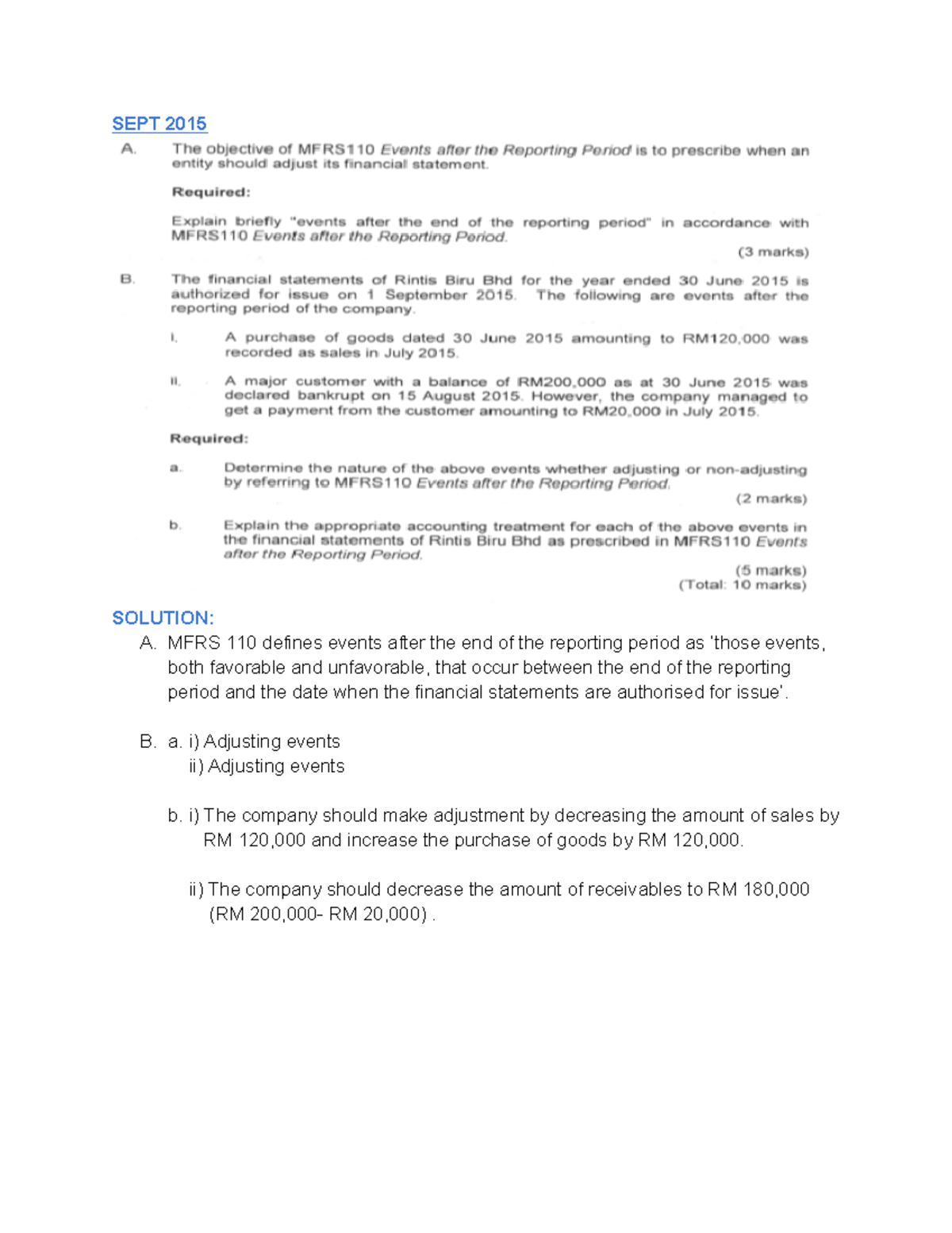 Mfrs110 Past year ans - SEPT 2015 SOLUTION: A. MFRS 110 defines events ...