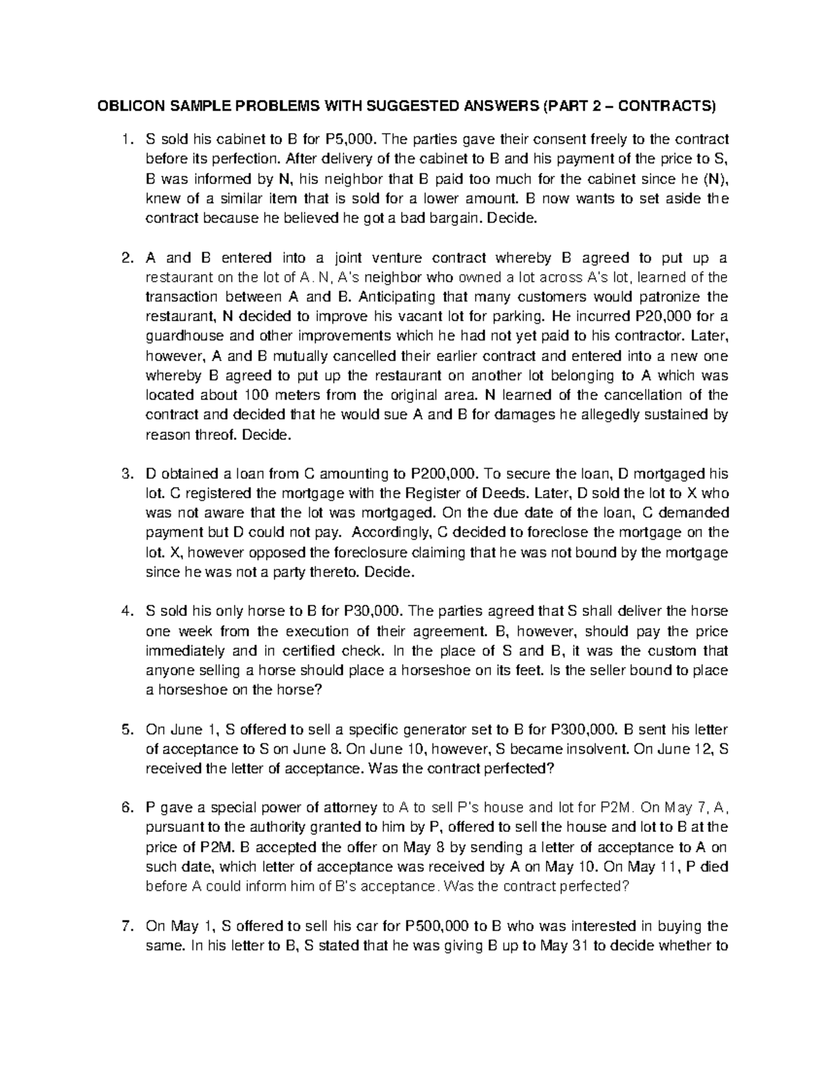 Oblicon Sample Problems WITH Suggested A - OBLICON SAMPLE PROBLEMS WITH SUGGESTED ANSWERS (PART ...