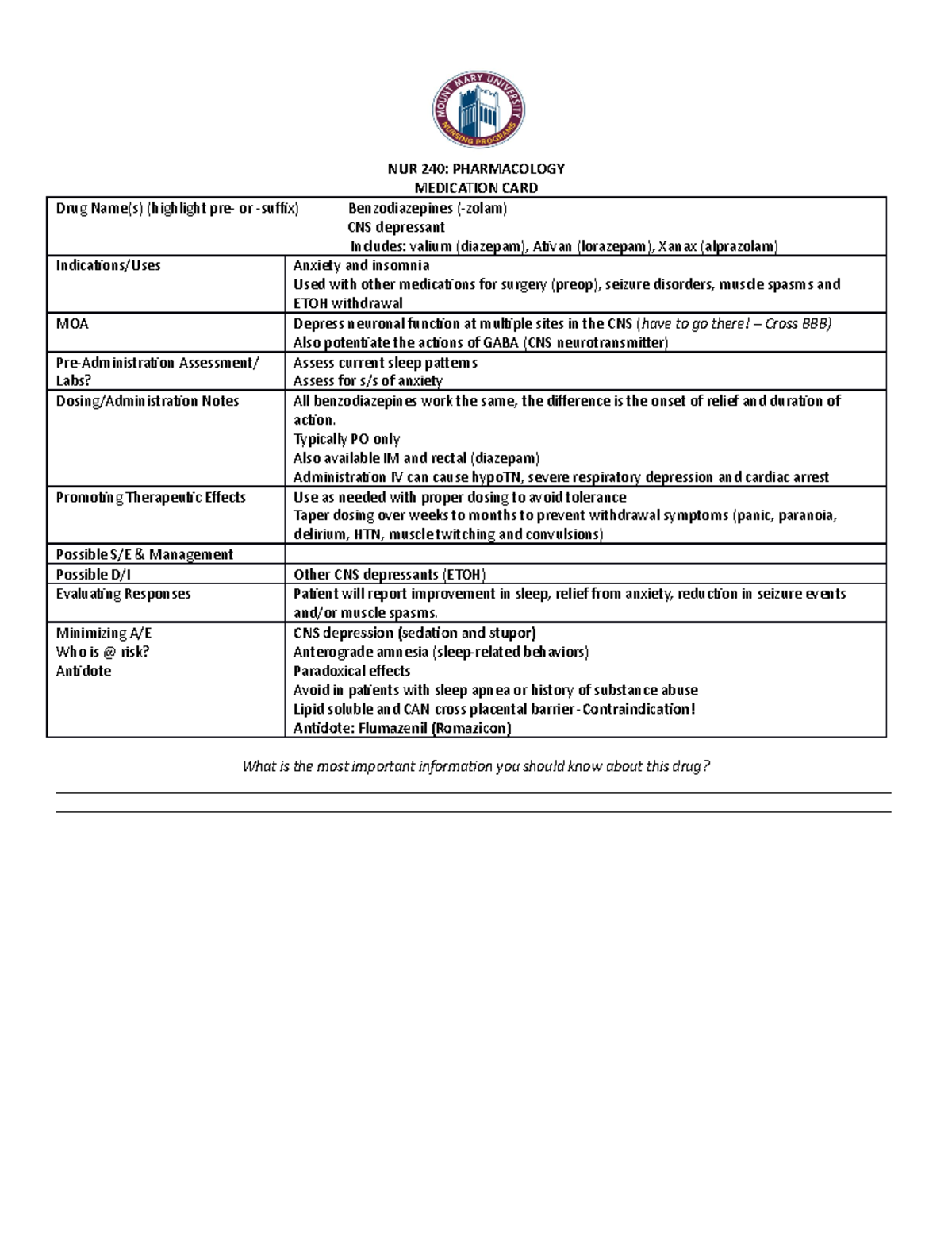 NUR240 Benzodiazepines - NUR 240: PHARMACOLOGY MEDICATION CARD Drug ...