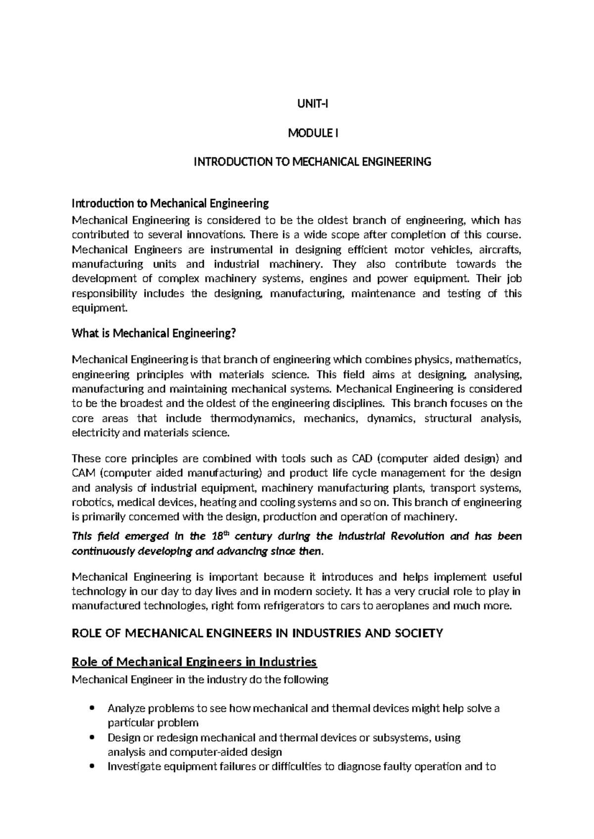 BME UNIT-I, Module I - Basics of me - UNIT-I MODULE I INTRODUCTION TO ...