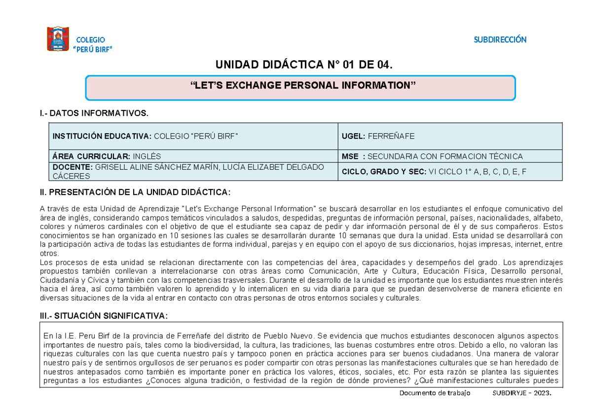 unidad didactica ingles - “PERÚ BIRF” UNIDAD DIDÁCTICA N° 01 DE 04. I.- DATOS INFORMATIVOS ...