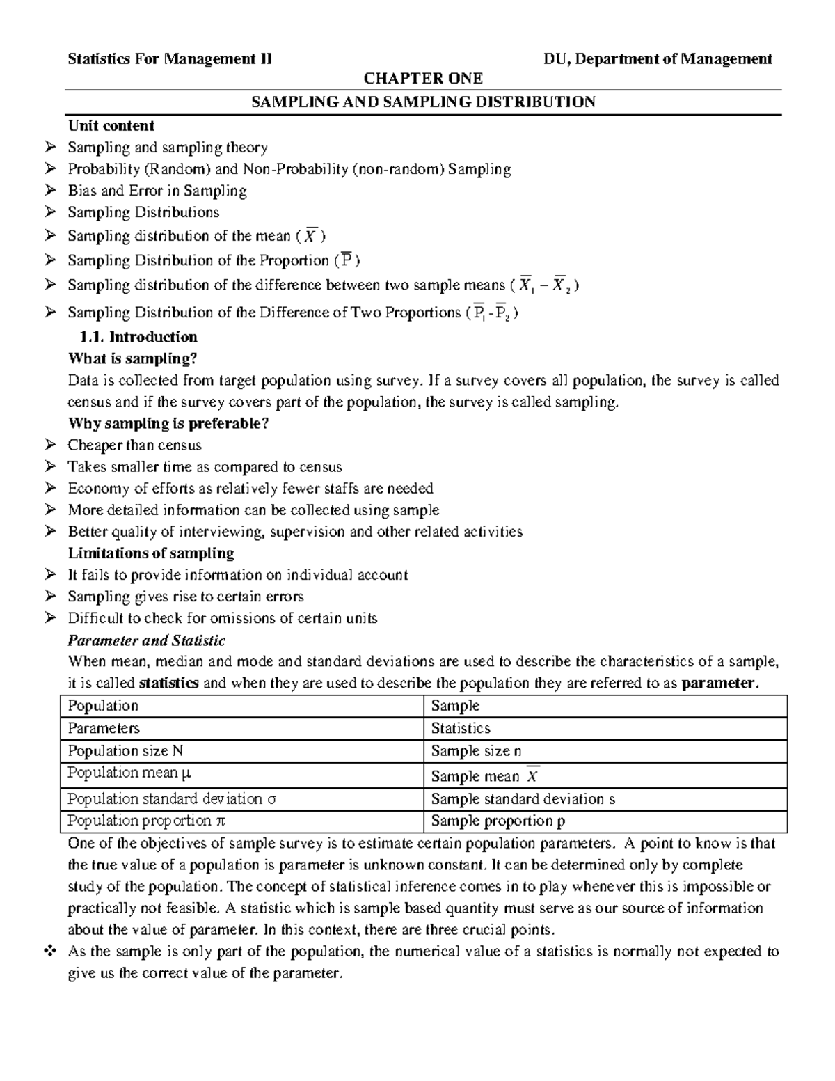 Statistics For Management II - CHAPTER ONE SAMPLING AND SAMPLING DISTRIBUTION Unit content - Studocu