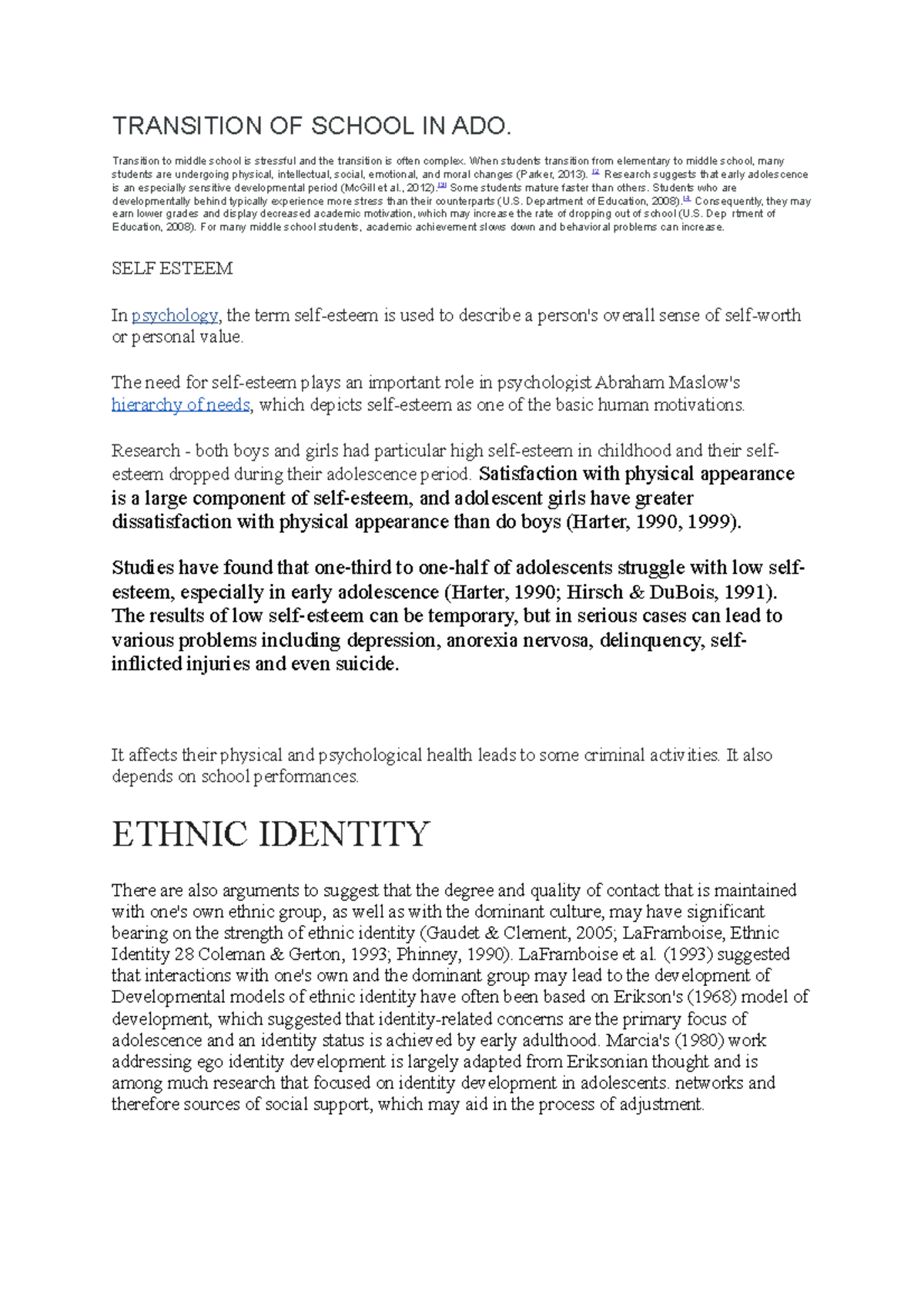 Adolescence notes - law - TRANSITION OF SCHOOL IN ADO. Transition to ...