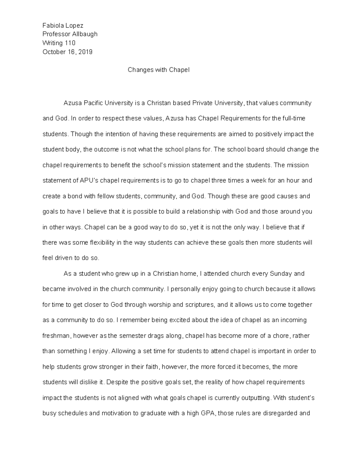 Chapel argumentative essay - Fabiola Lopez Professor Allbaugh Writing ...