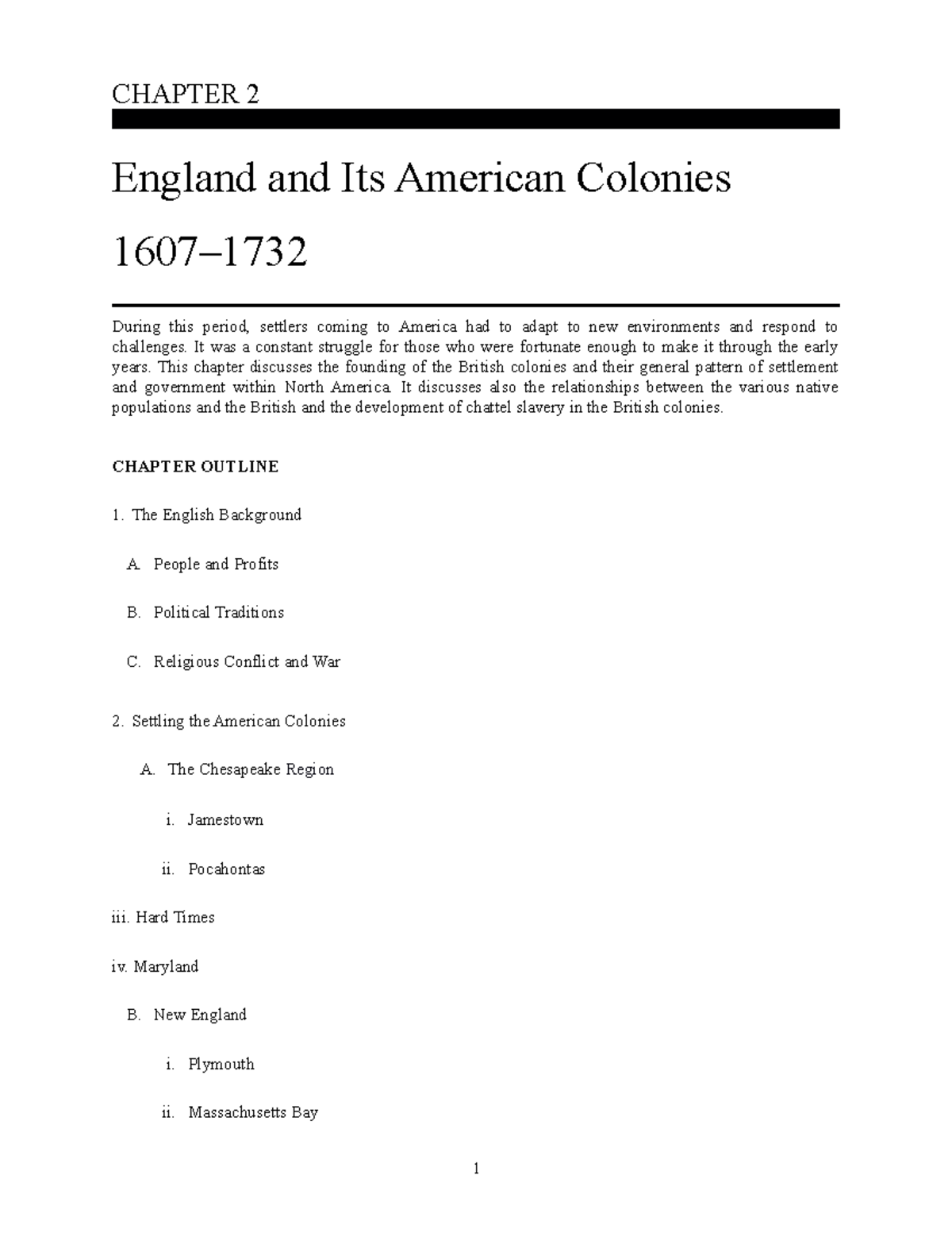 Chapter 2 Outline - CHAPTER 2 England and Its American Colonies 1607 ...