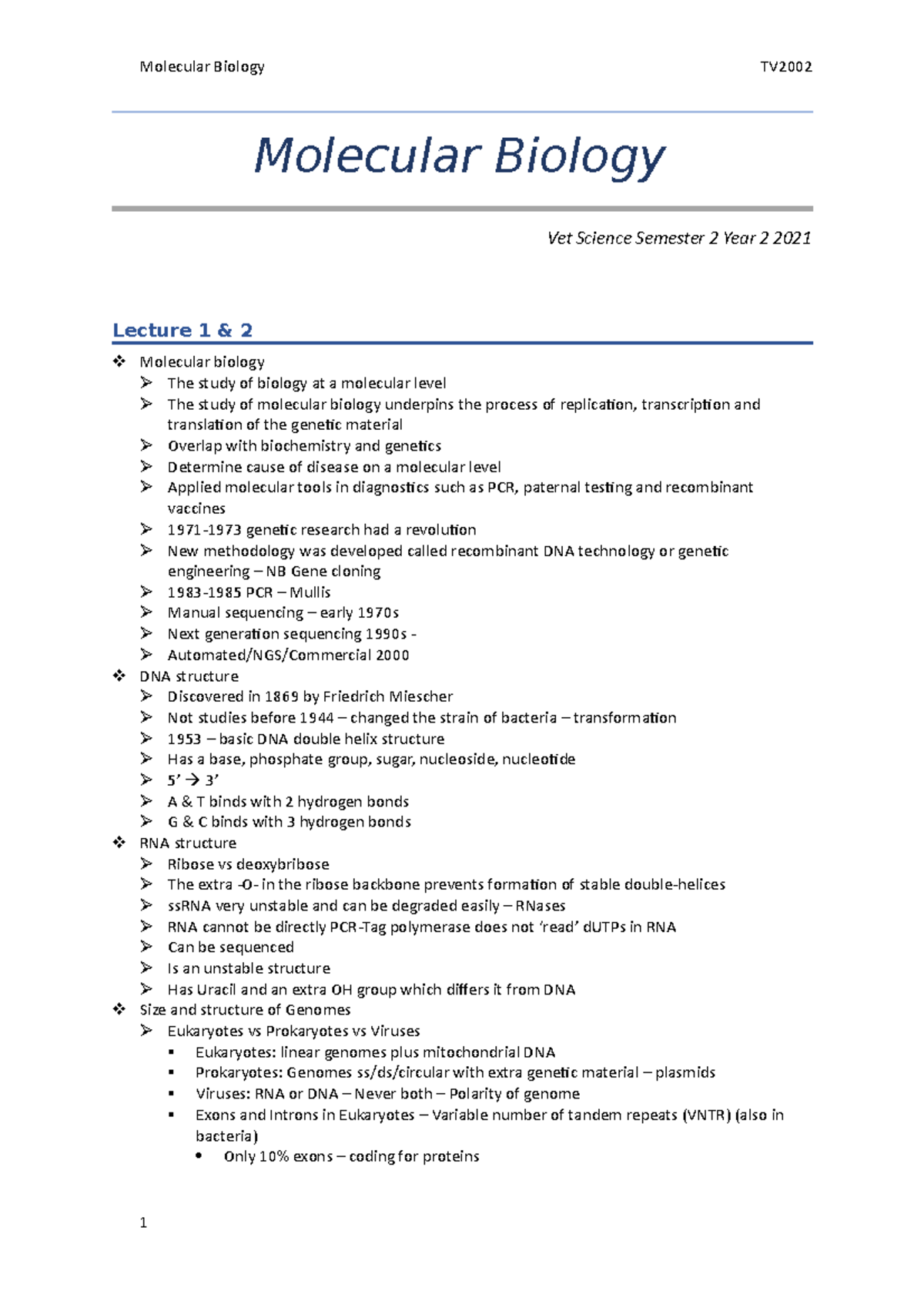 Molecular Biology notes - Molecular Biology Vet Science Semester 2 Year ...