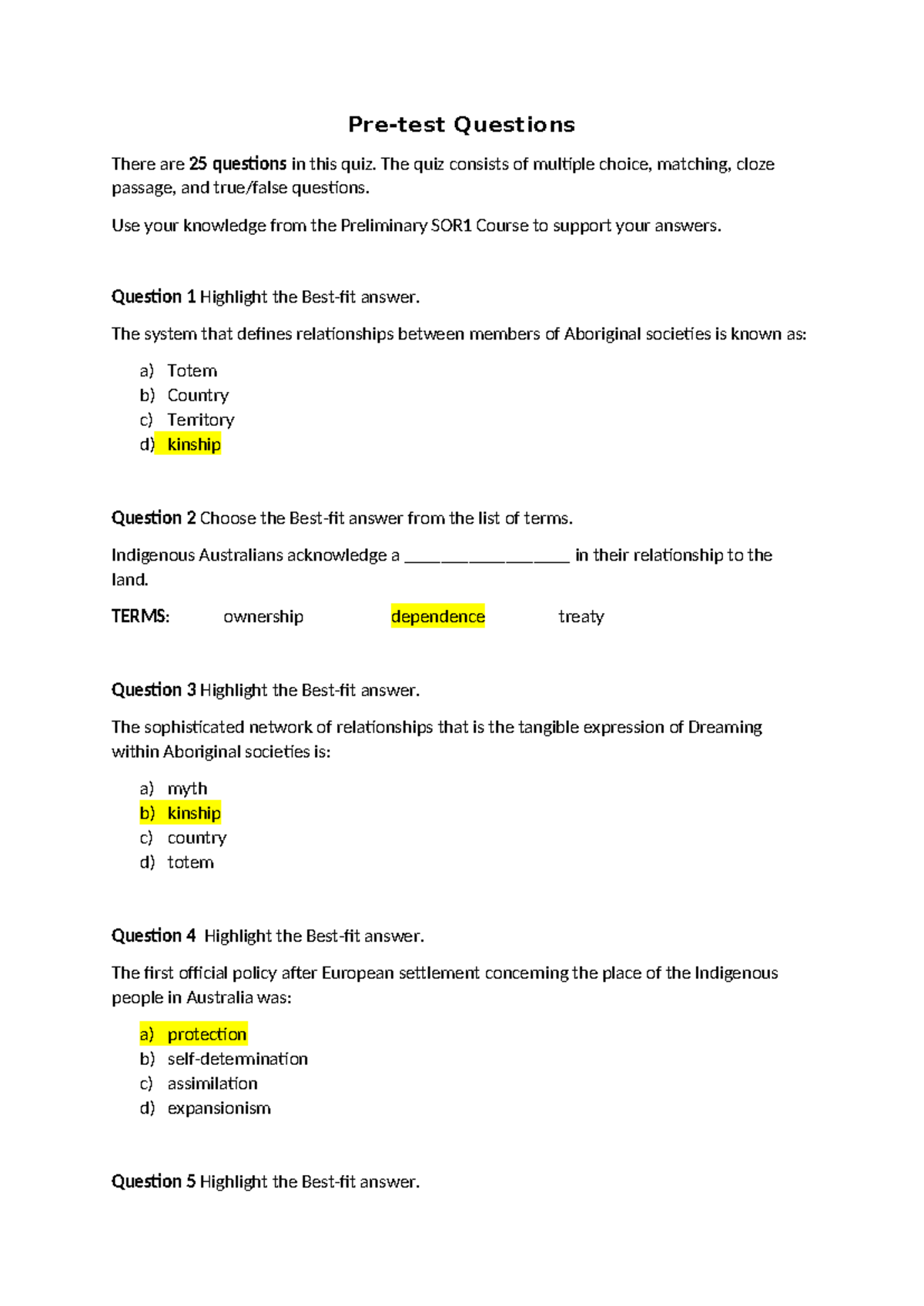 Pre-test Questions - Pre-test Questions There are 25 questions in this ...