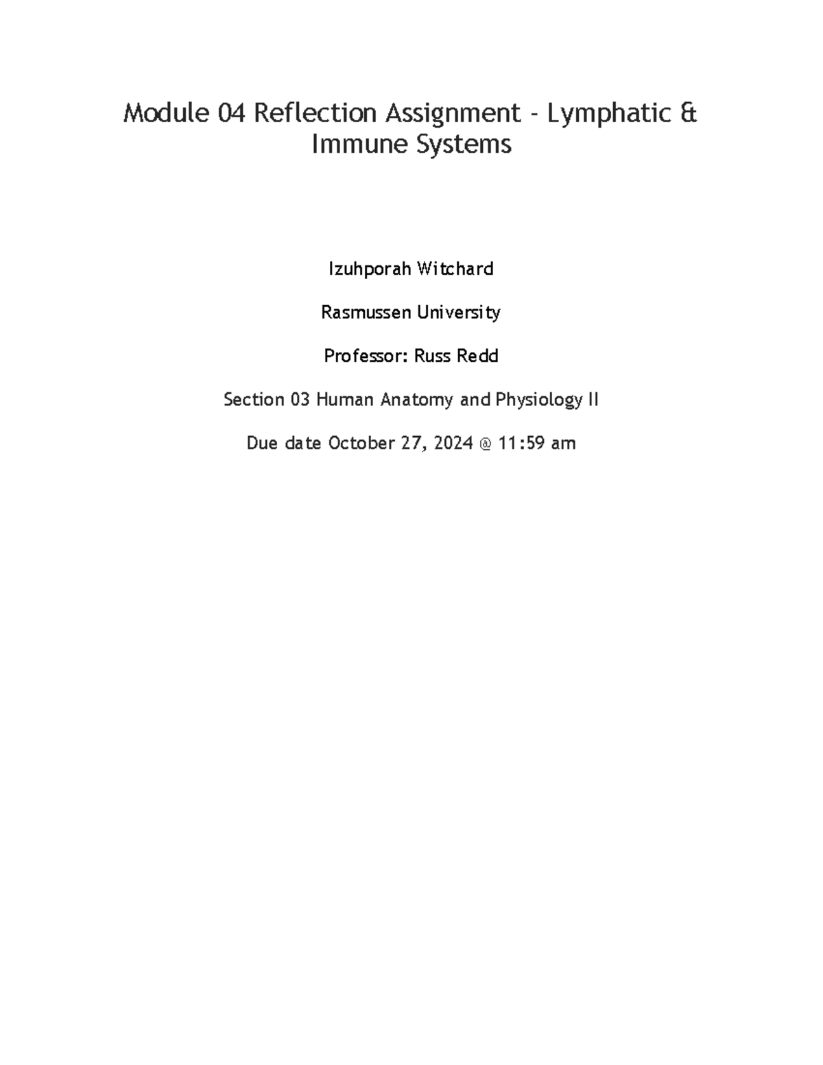 IWitchard Module 04 Reflection Assignment Lymphatic & Immune Systems ...